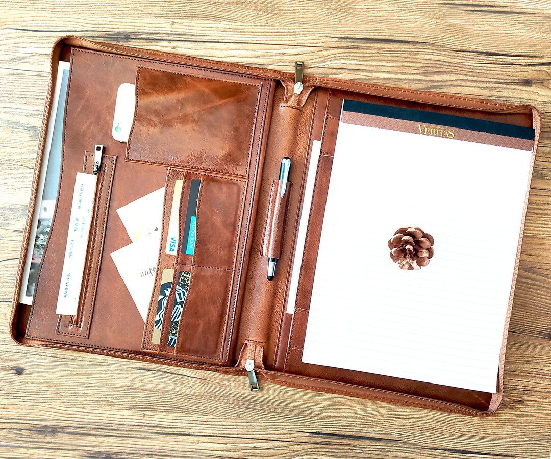 Personalized Leather Portfolio Zippered Padfolio A4 Letter Size Notepad ...
