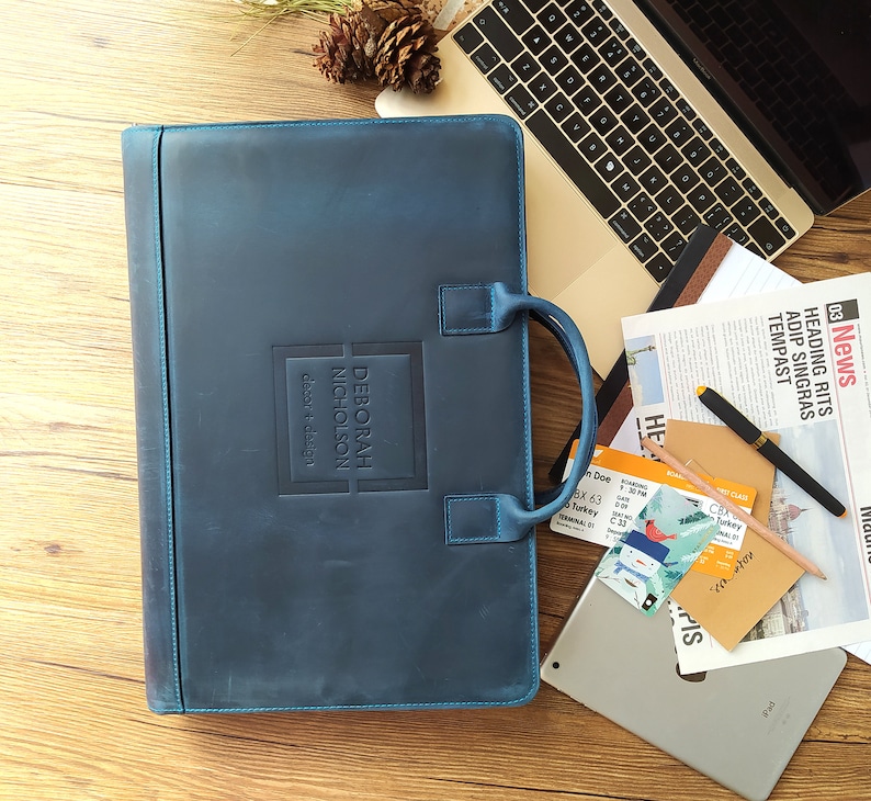 Leather Portfolio for 15" Laptop, Padfolio With Handle, Zippered Folio ...