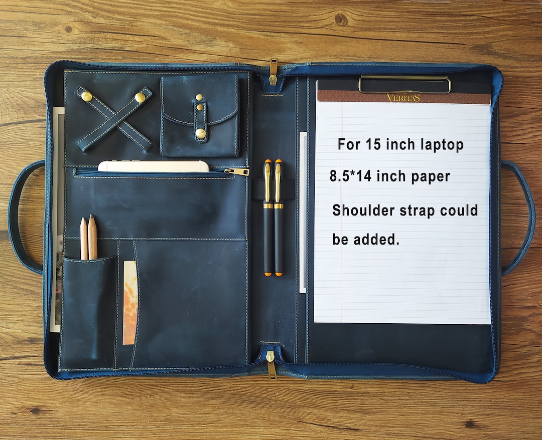 Leather Portfolio for 15" Laptop, Padfolio With Handle, Zippered Folio ...