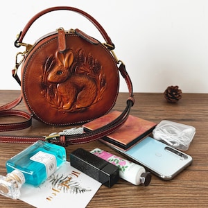 Bunny Embossed Tote, Rabbit Pattern Handbag, Retro Round Leather Women ...