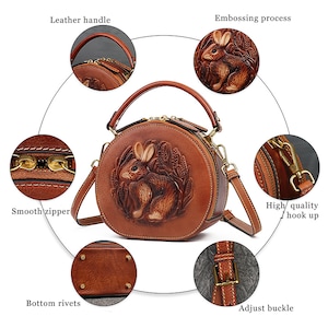 Bunny Embossed Tote, Rabbit Pattern Handbag, Retro Round Leather Women ...