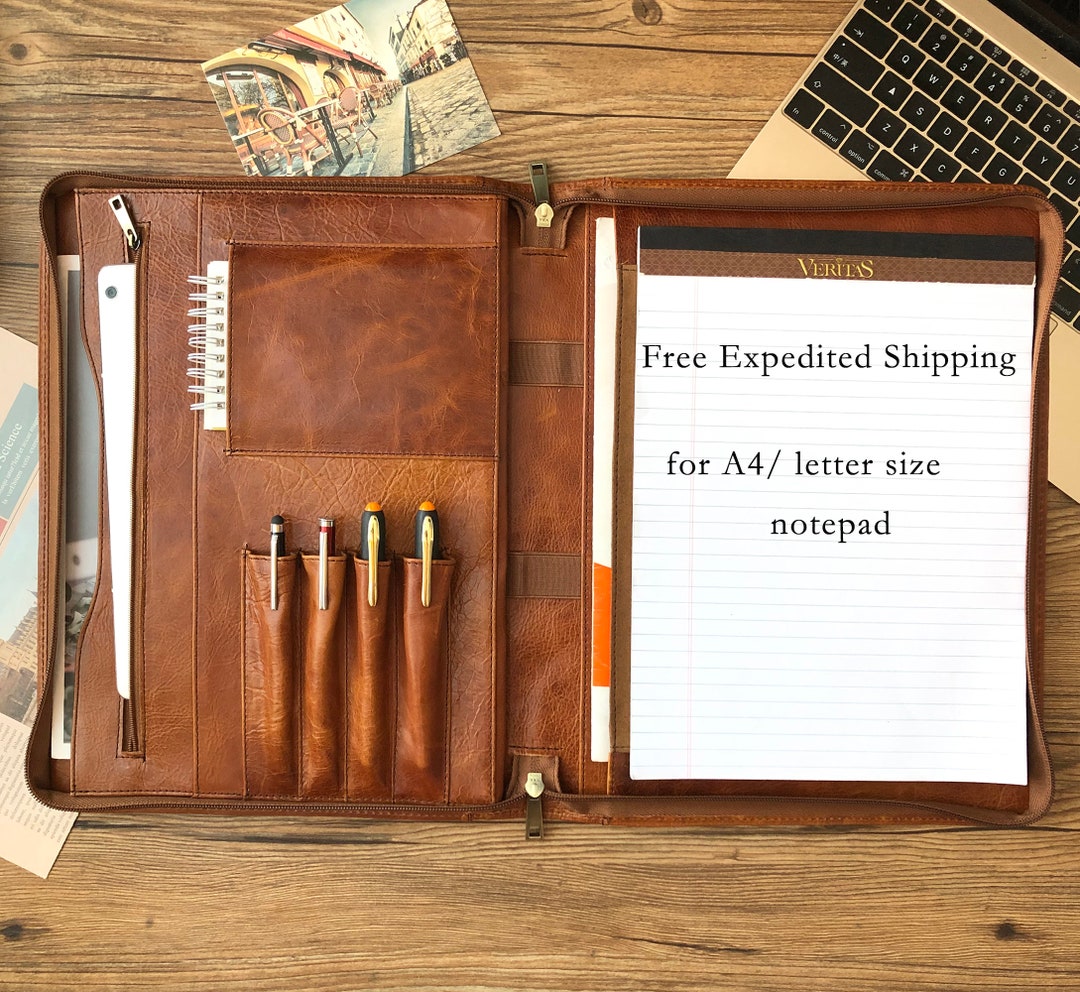 Personalized Leather Portfolio, Letter Size Organizer Folder, Zippered ...