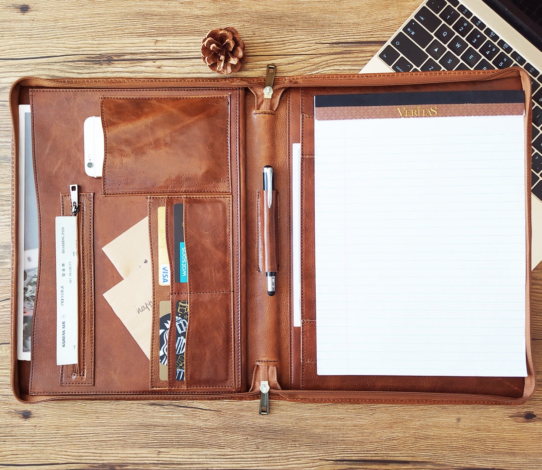 Personalized Name LOGO Leather Portfolio Zippered Padfolio A4 Letter ...