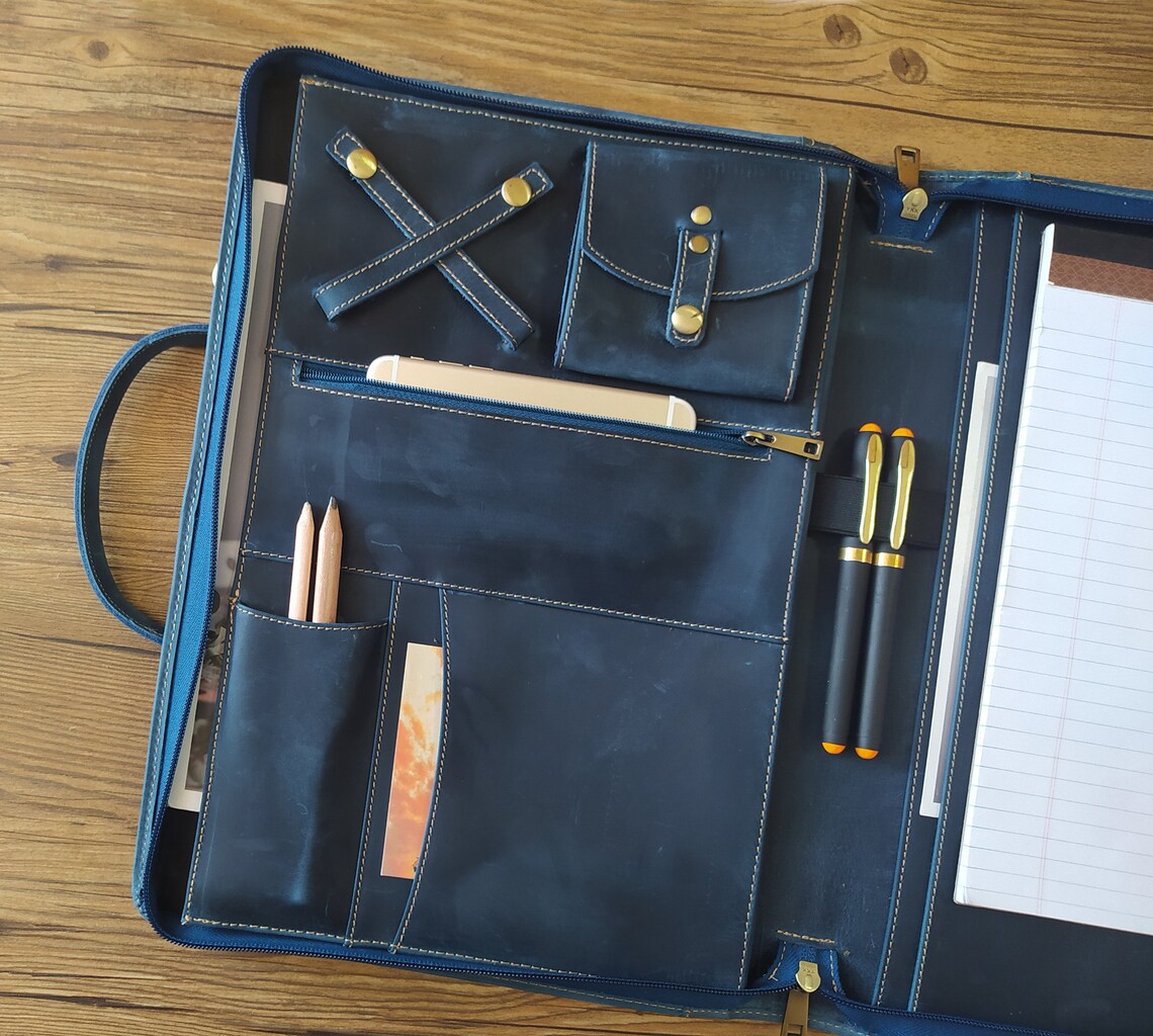 Leather Portfolio for 15" Laptop, Padfolio With Handle, Zippered Folio ...