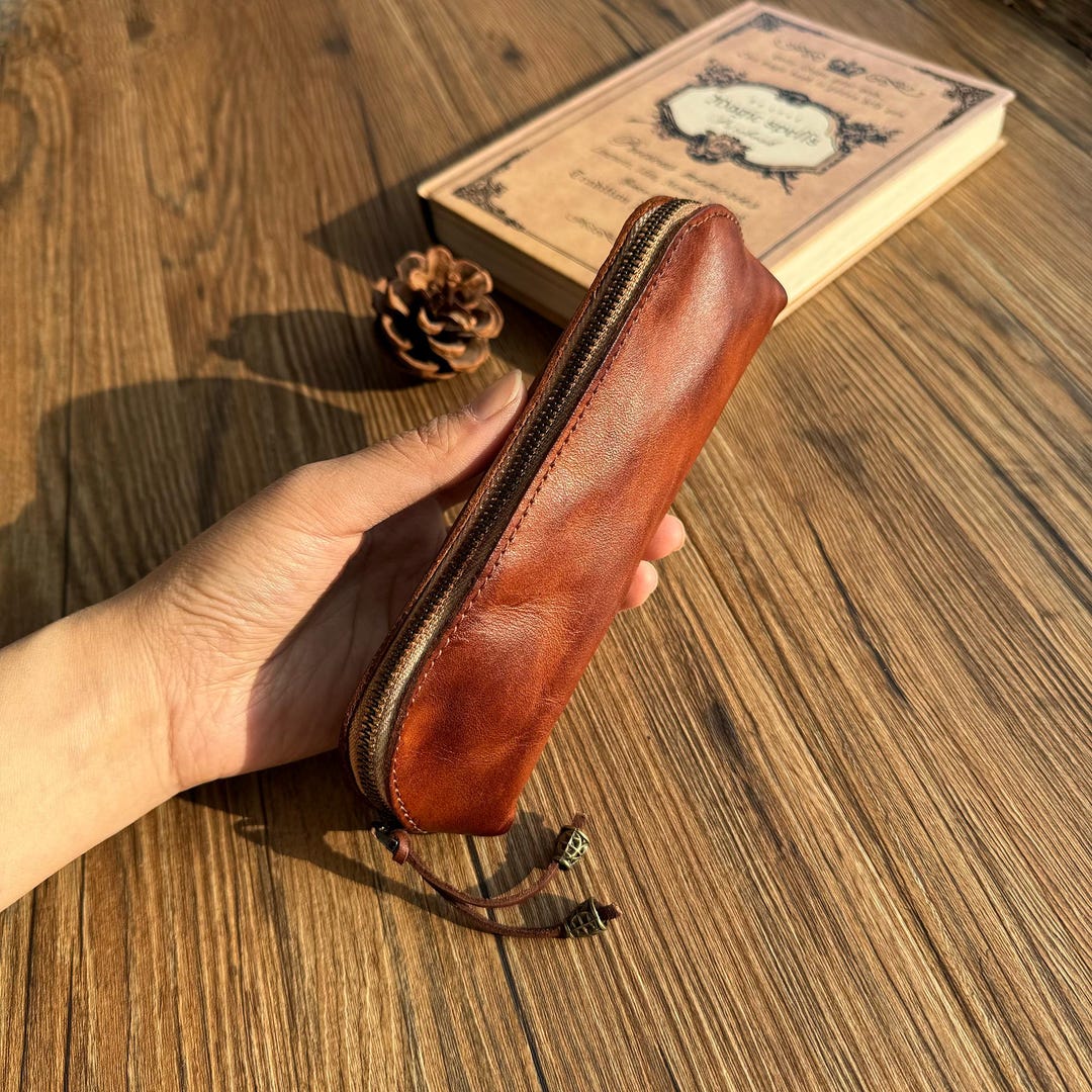Retro Hand Cowhide Pencil Case for Men, Leather Pen Pouch, Glasses ...