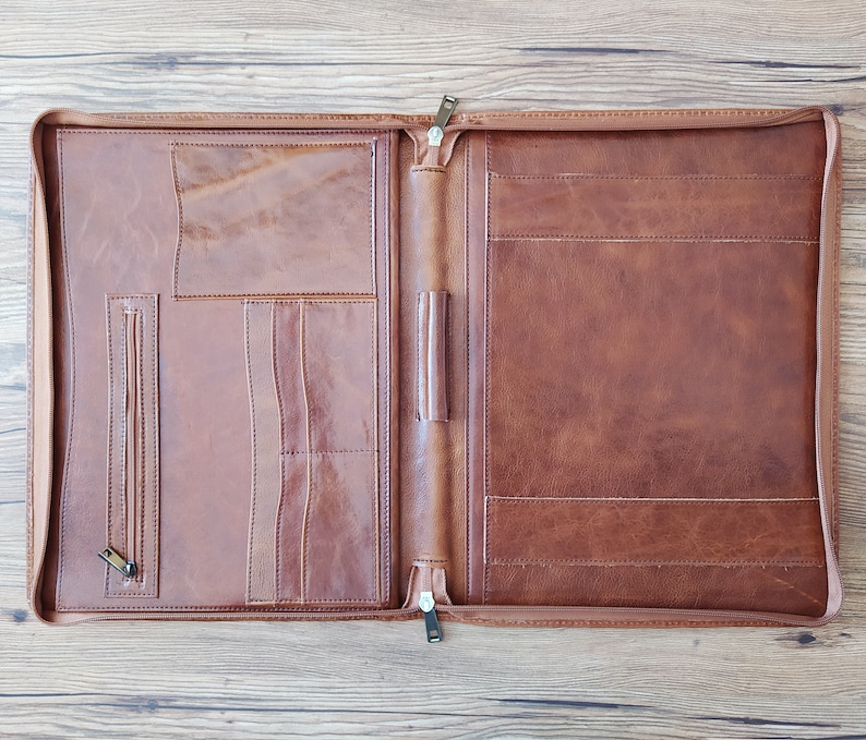 Personalized Name LOGO Leather Portfolio Zippered Padfolio A4 - Etsy