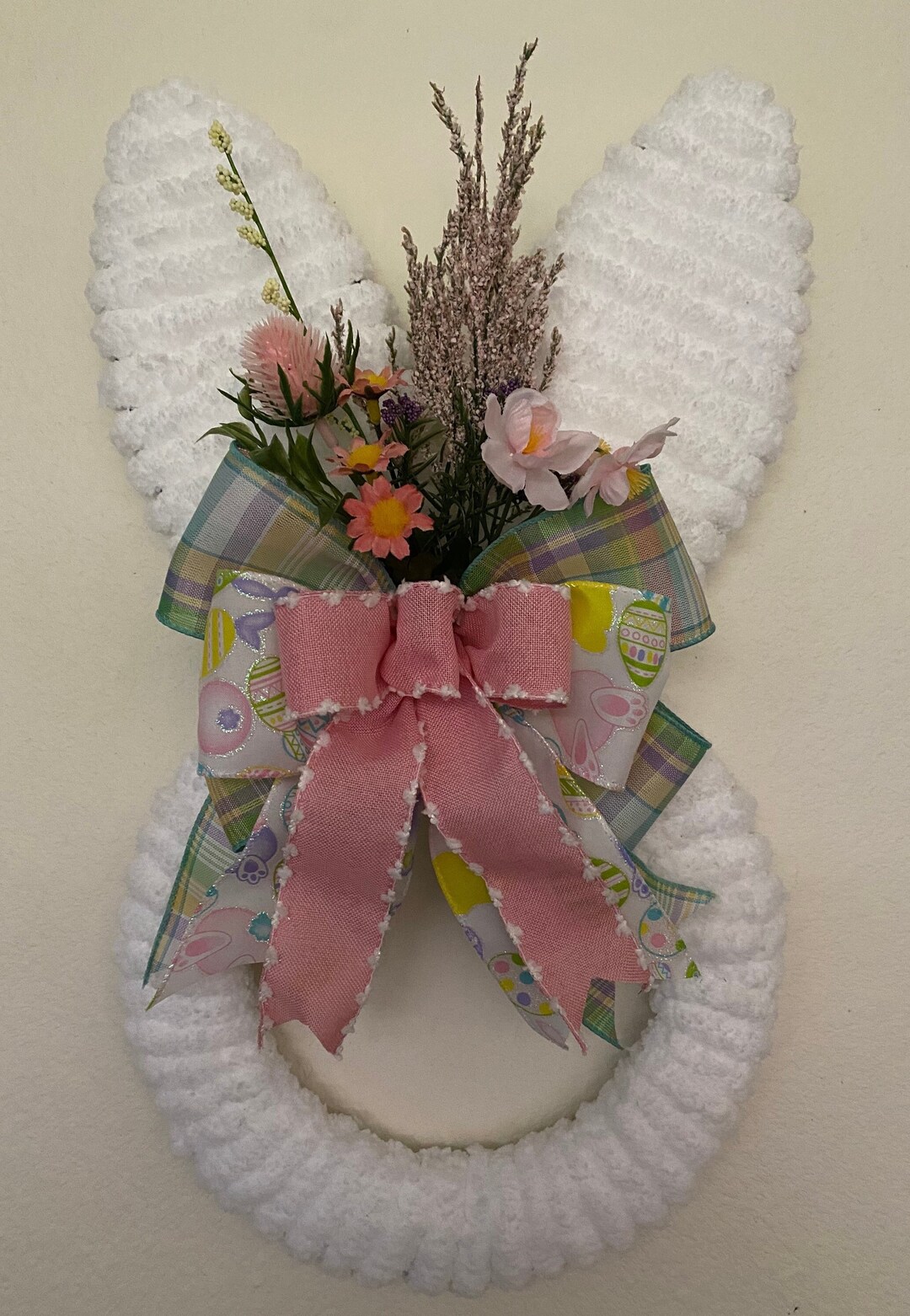 Bunny Ears Wreath Form With Chunky Yarn and Pink Bow and Pink Floral ...