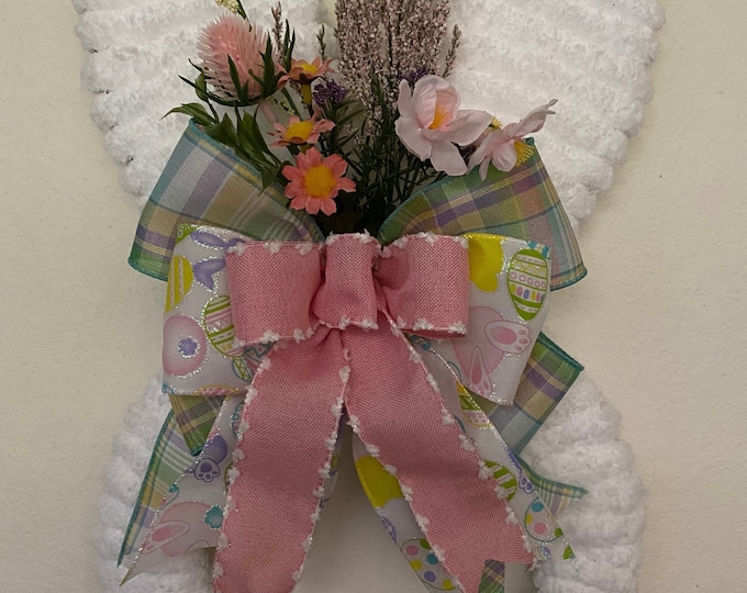 Bunny Ears Wreath Form With Chunky Yarn and Pink Bow and Pink Floral ...