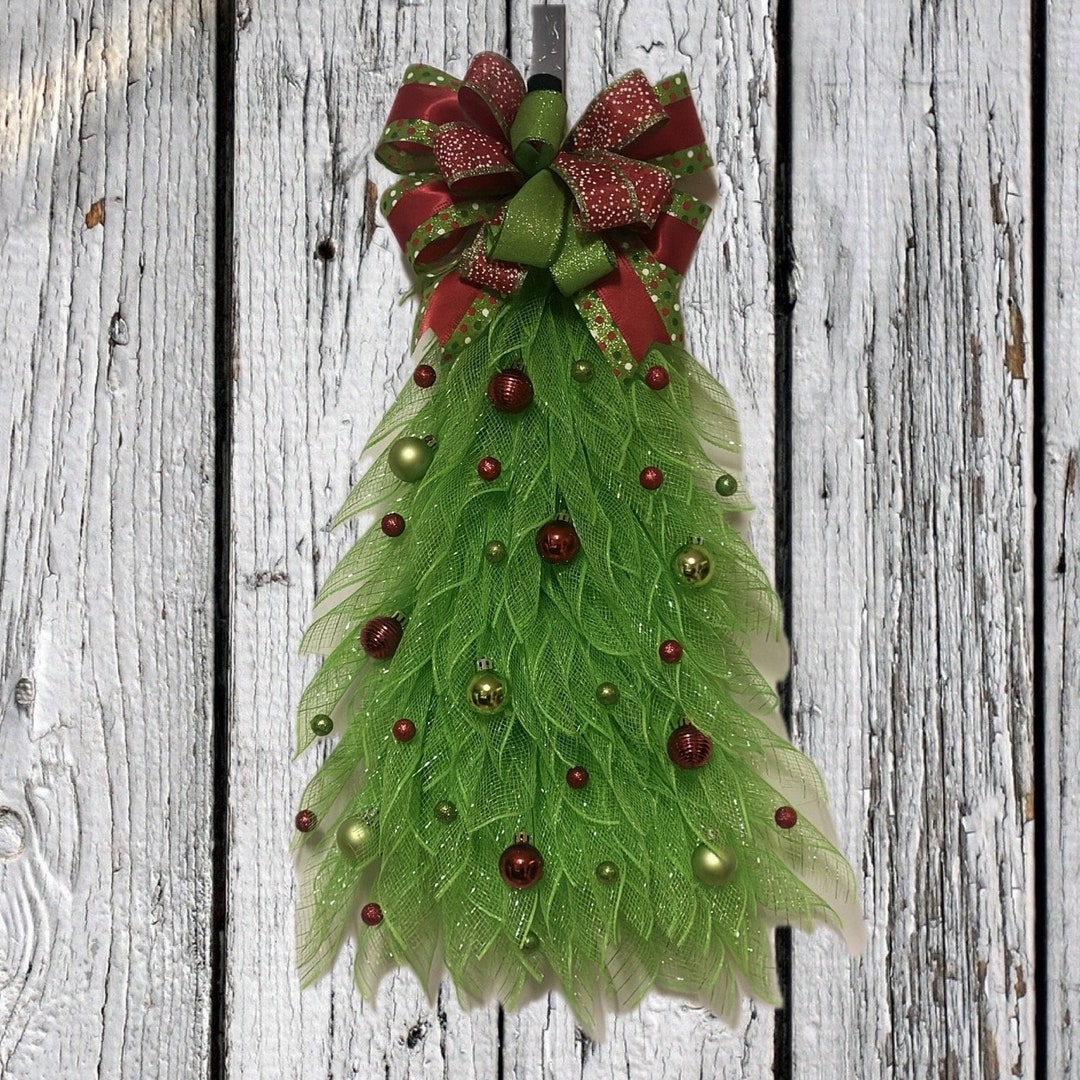 Christmas Tree Shaped Wreath With Deco Mesh. Large Bow and Ornaments ...