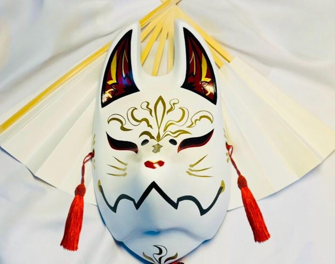 Japanese Noh Face Fox Mask Earring Arrangement and Japanese Folding Fan ...