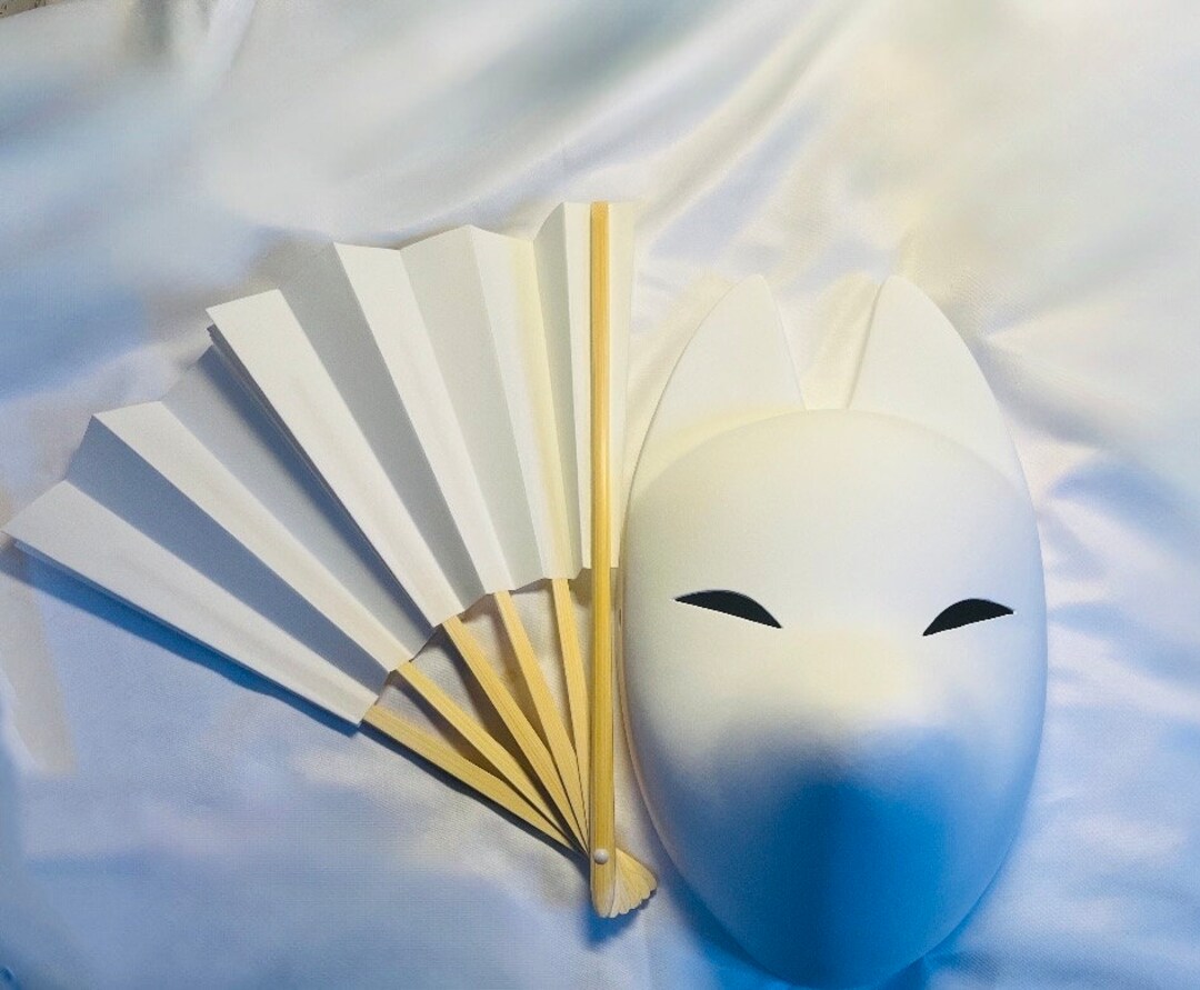 Japanese Fox Full Mask Plain Kitsune Art White Fox Mask With Fan Set ...