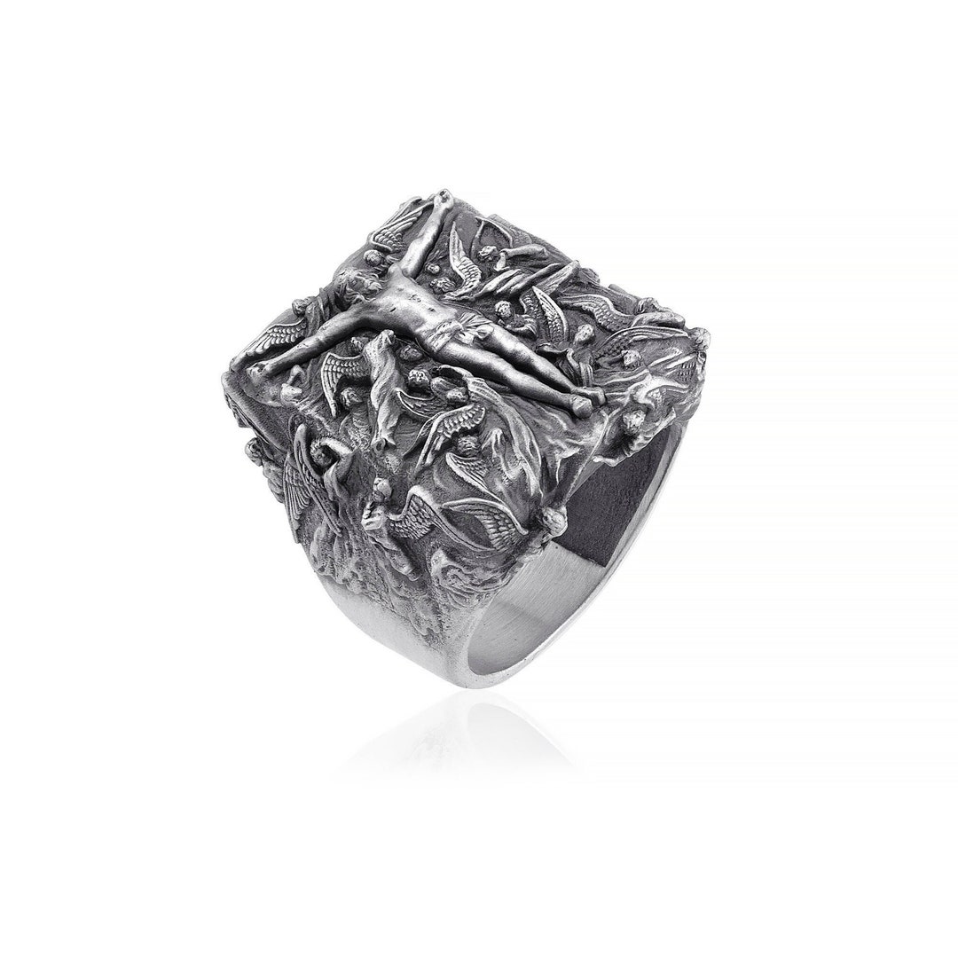 Crucifixion Ring With Jesus and Angels in Silver, Jesus Sterling Silver ...