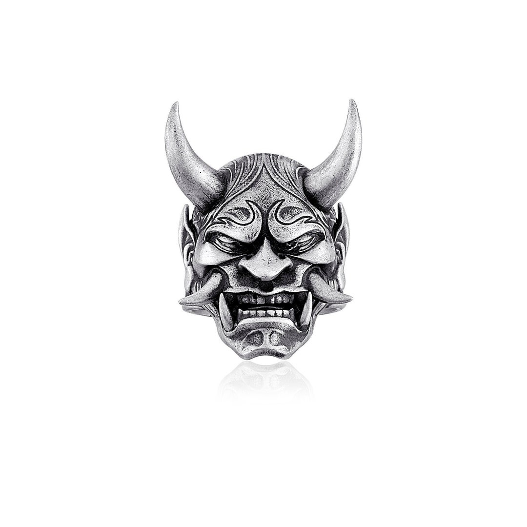 Oni Mask Sterling Silver Gothic Ring, Demon Engraved Signet Ring for ...