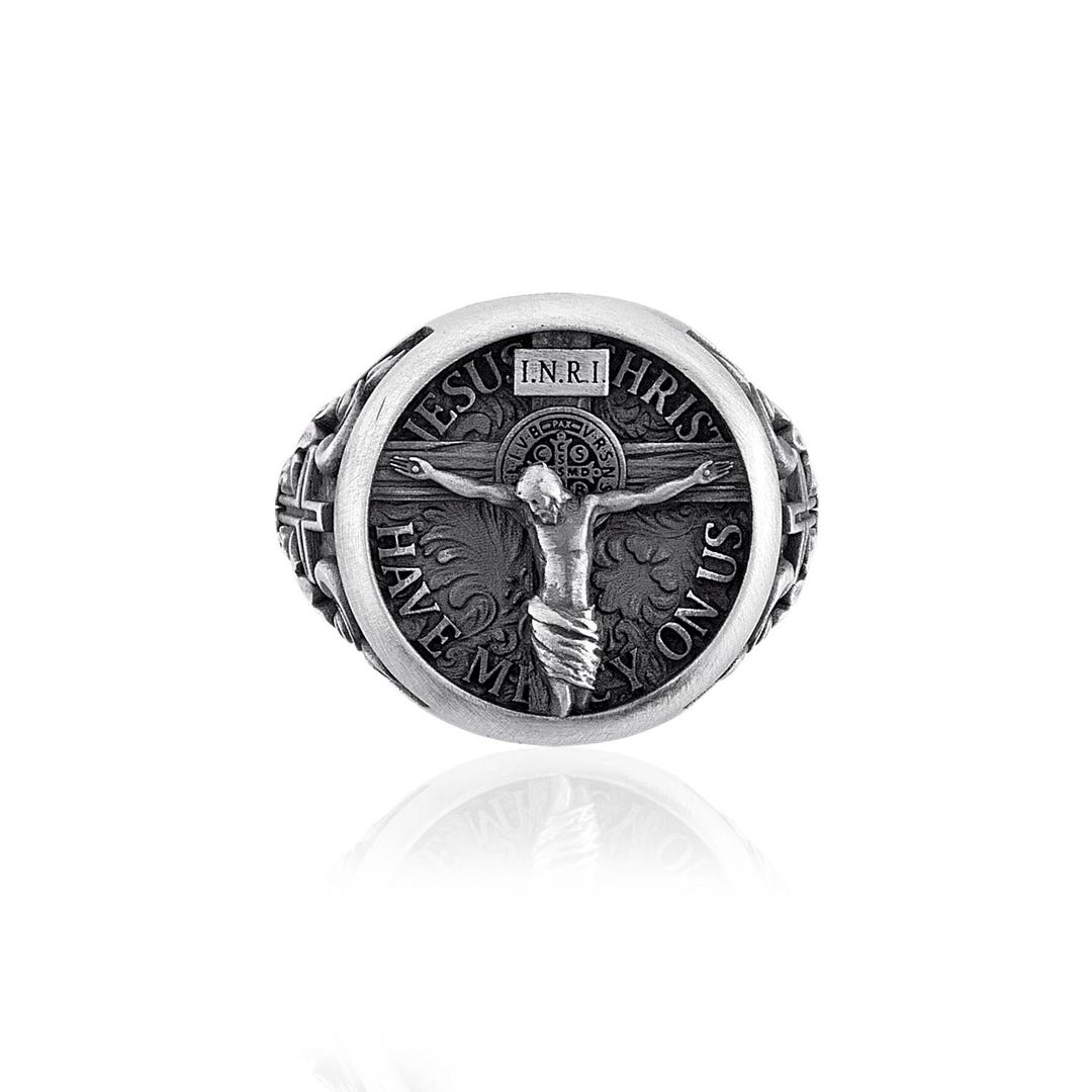 Jesus Crucifix Signet Ring, INRI Sterling Silver Religious Ring for Men ...