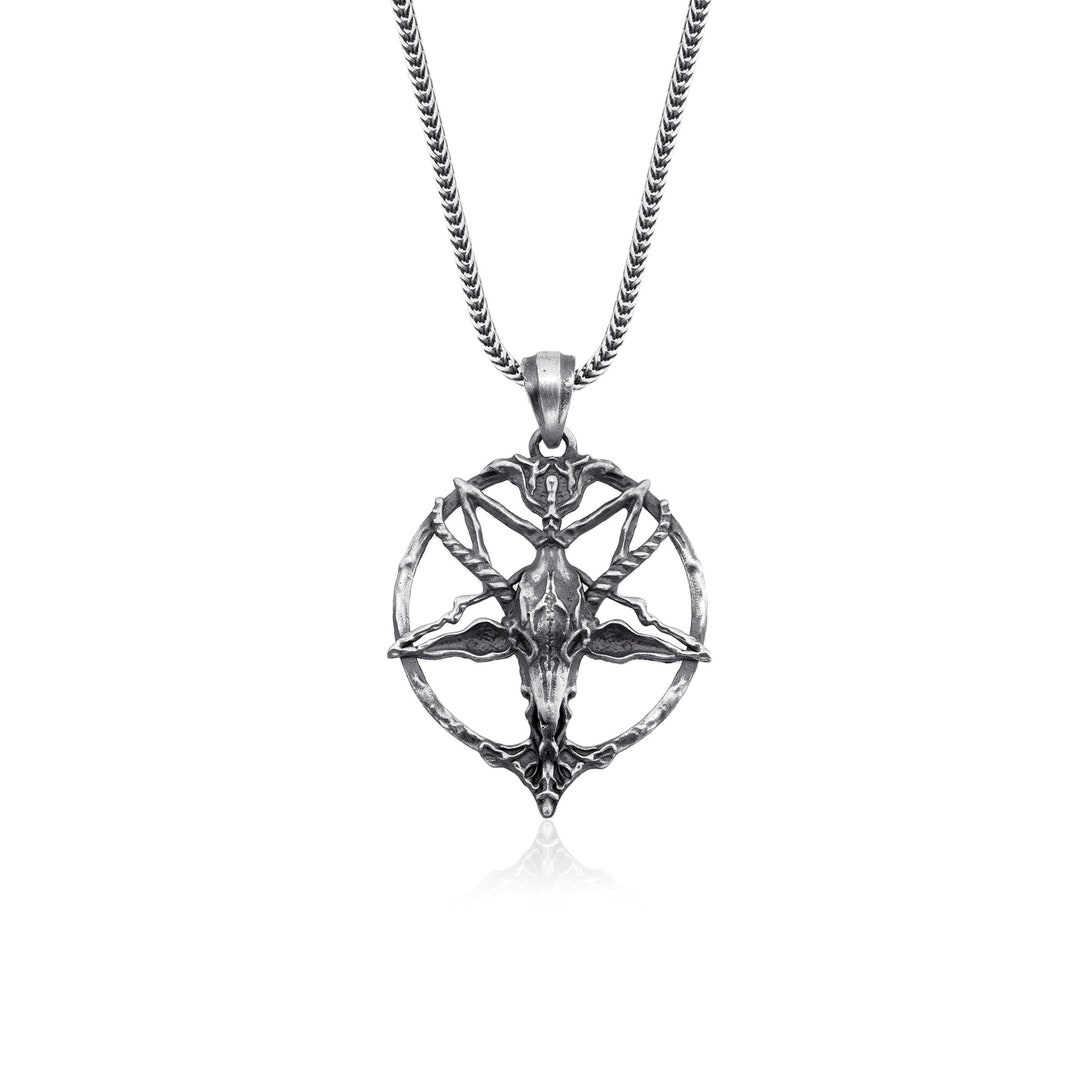 Silver Pentagram With Skull Necklace, Goat Head on Pentagram Pendant ...