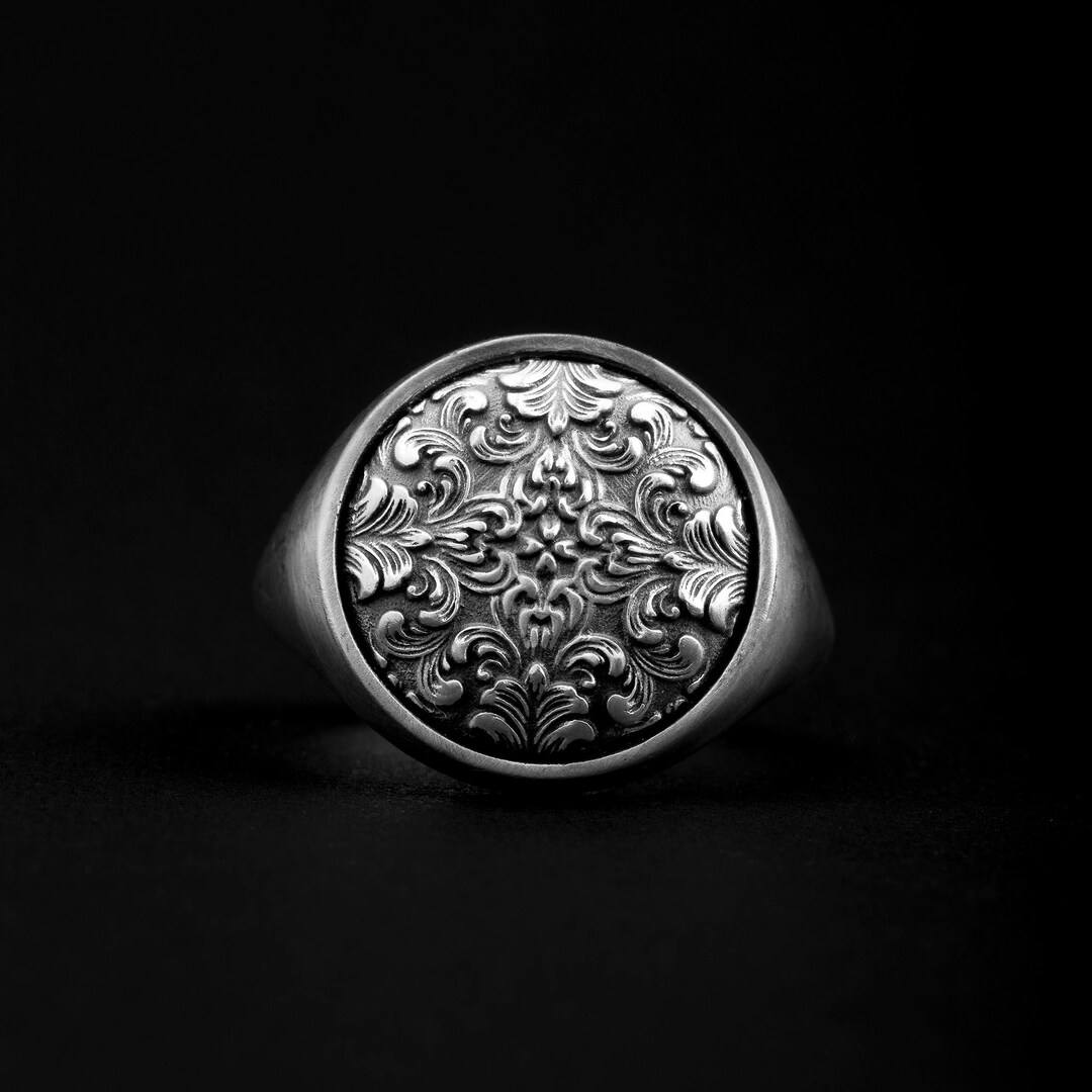 Rococo Floral Sterling Silver Signet Ring, Birth Flower Ring, Floral ...