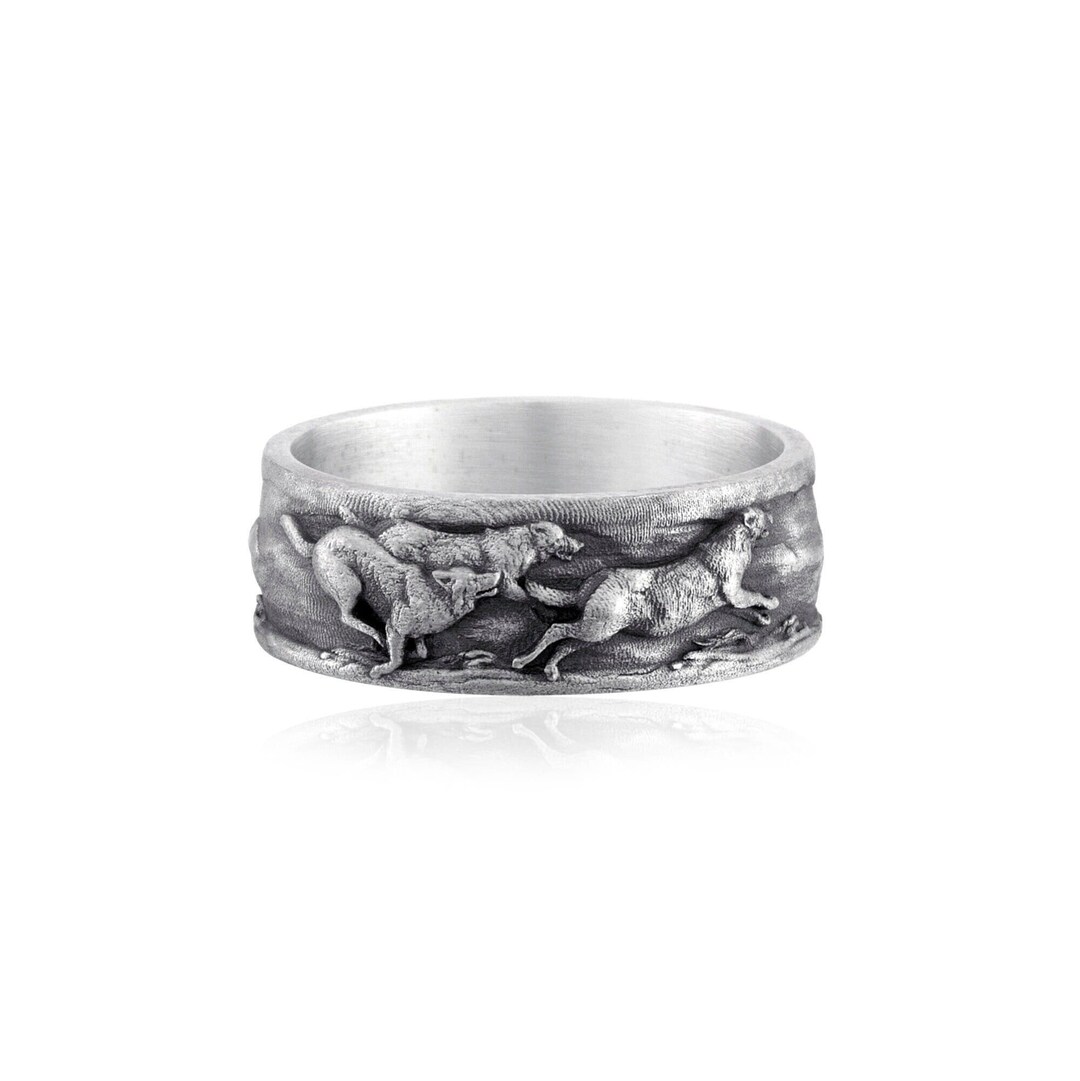 Unique Wolf Family Silver Band, Rustic Men's Nature Ring, Wildlife ...