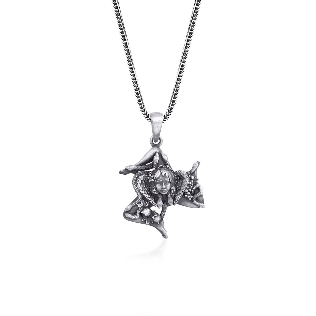 Silver Trinacria Necklace, Goddess Pendant, Oxidized Medusa Pendant ...