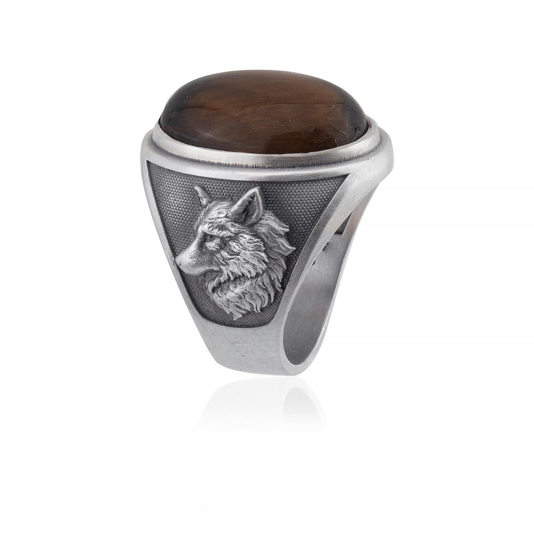 Tiger's Eye Wolf Head Signet Men Ring, Men Gemstone Wolf Men's Ring ...