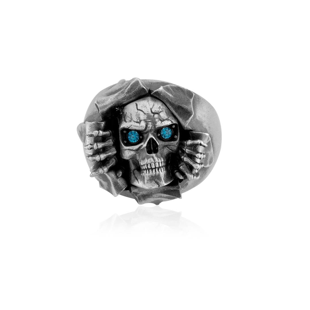 Blue Eyes Skull Silver Ring, Gothic Skull Ring With Blue Stones, Dark ...