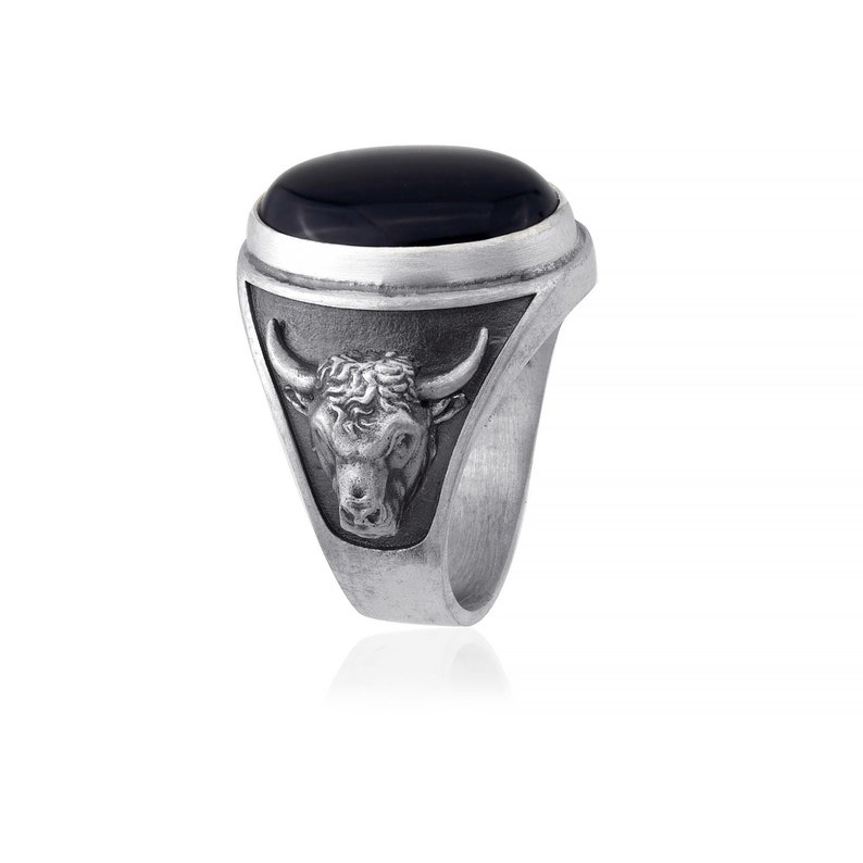 Onyx Taurus Bull Gemstone Ring, Taurus Ring, Biker Ring, Silver Zodiac ...