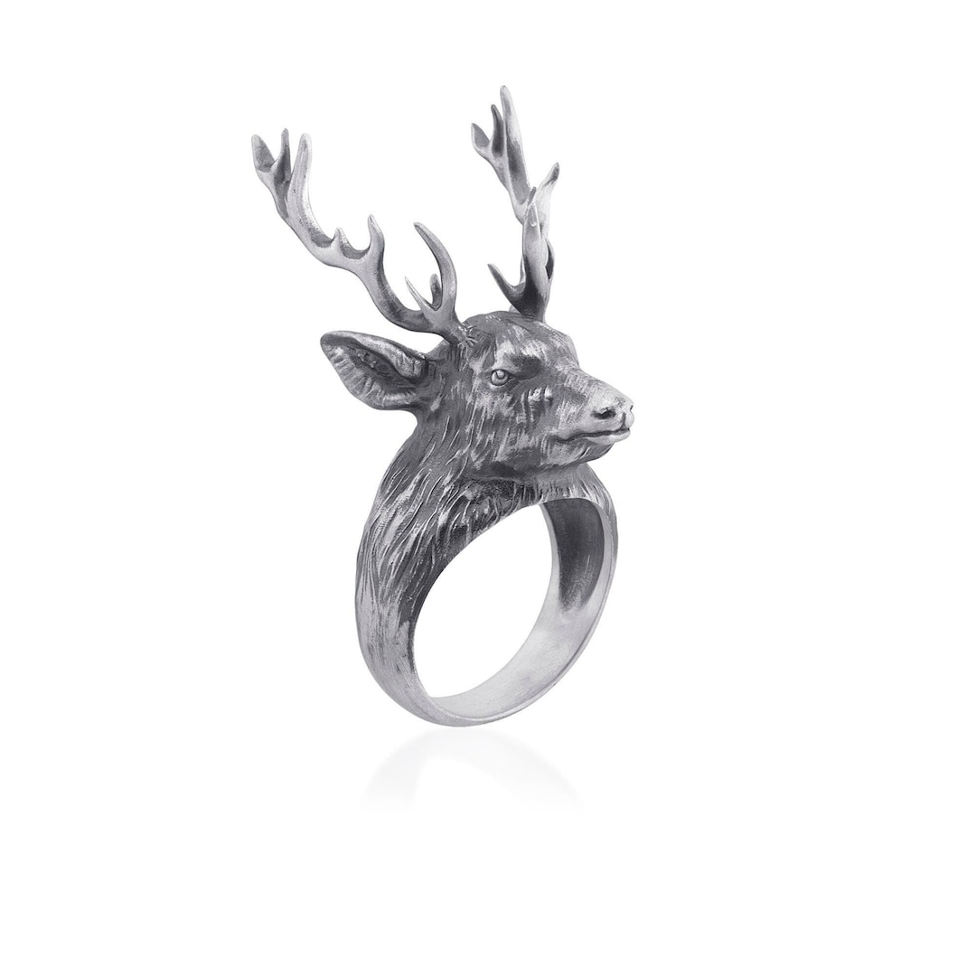 Deer Head Ring, Animal Ring, Deer Skull Sterling Silver Ring, Deer Antler Wrap Ring, Animal ...