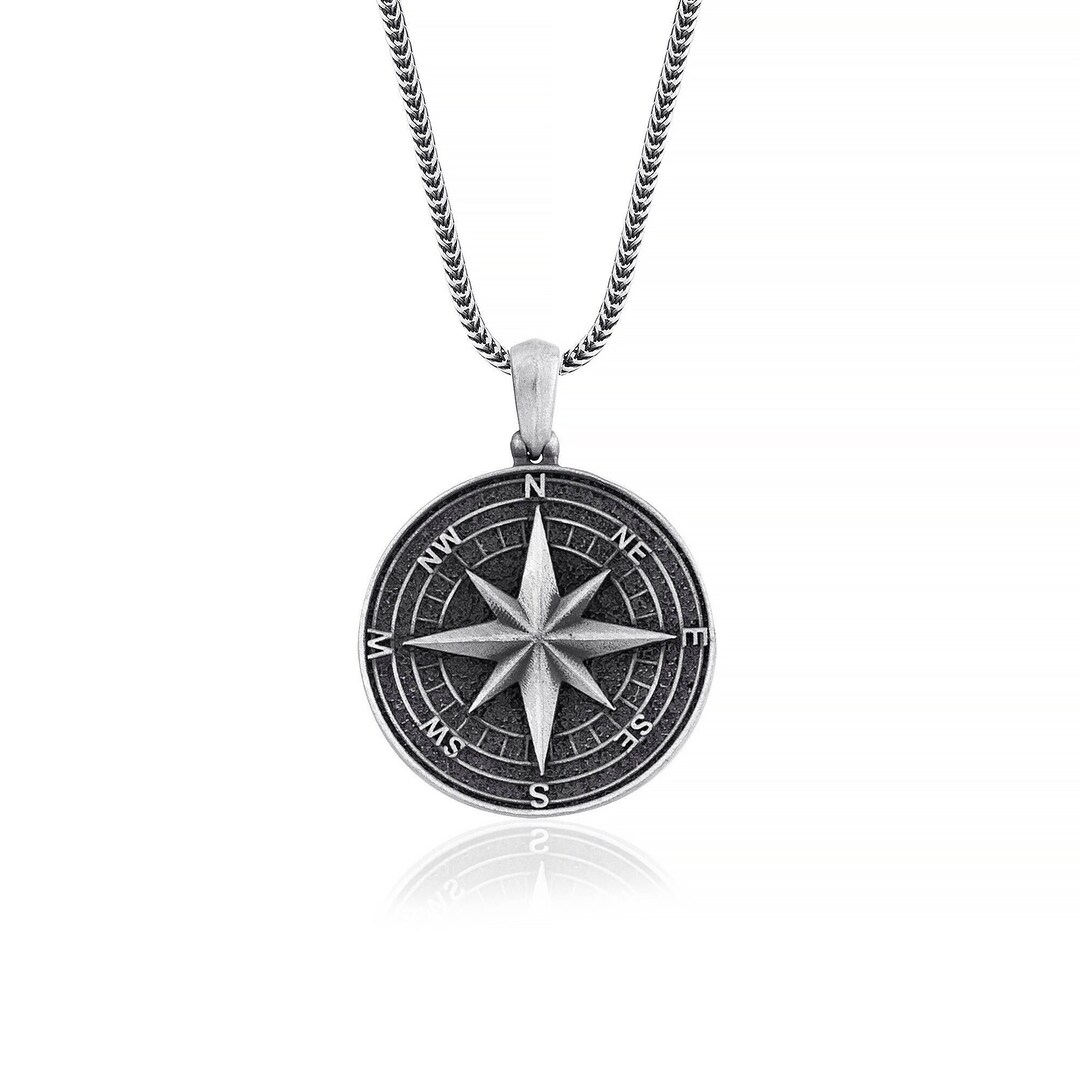 Silver Compass North Star Necklace, Compass Pendant for Men, Engraved ...