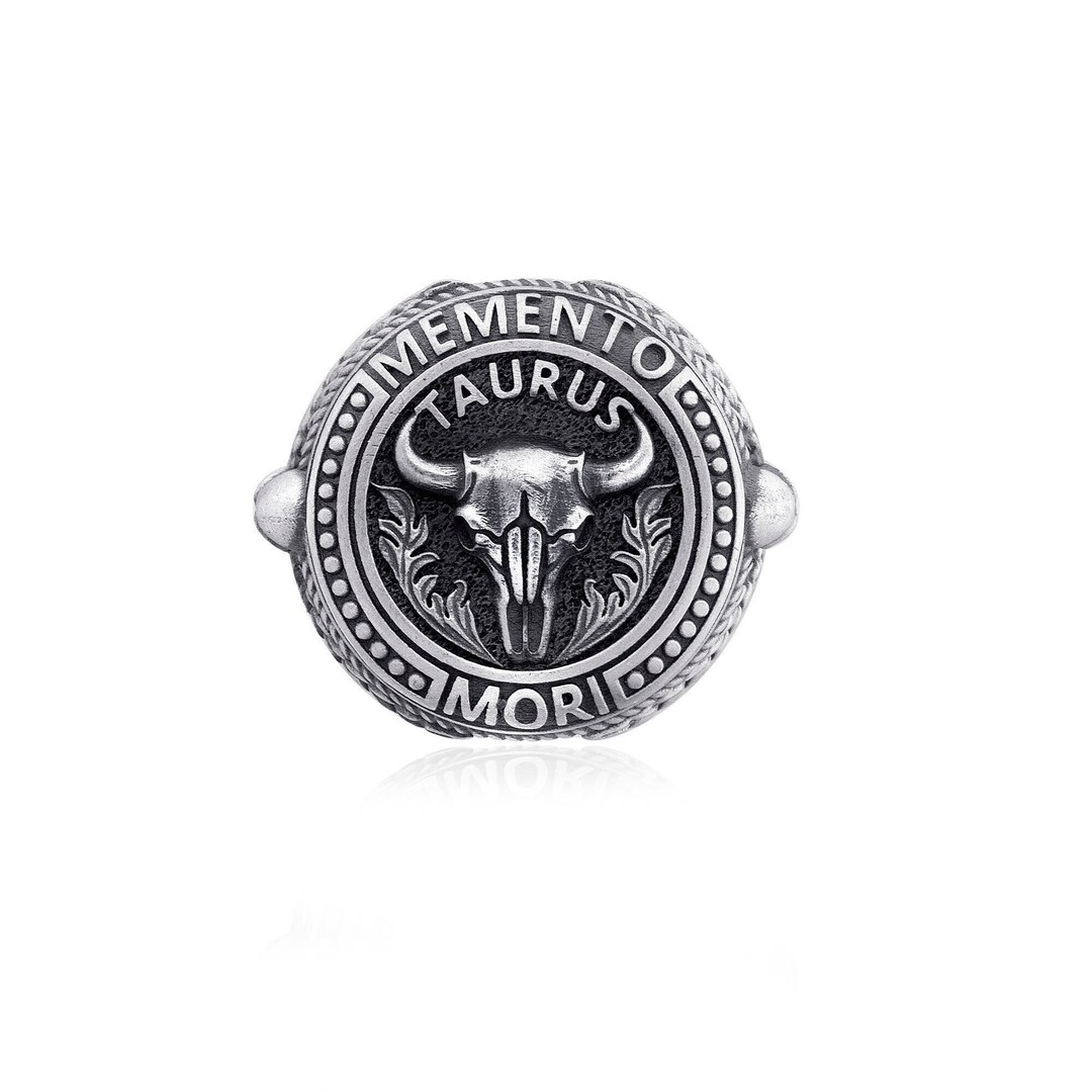 Taurus Memento Mori Sterling Silver Signet Ring, Zodiac Signet Ring ...
