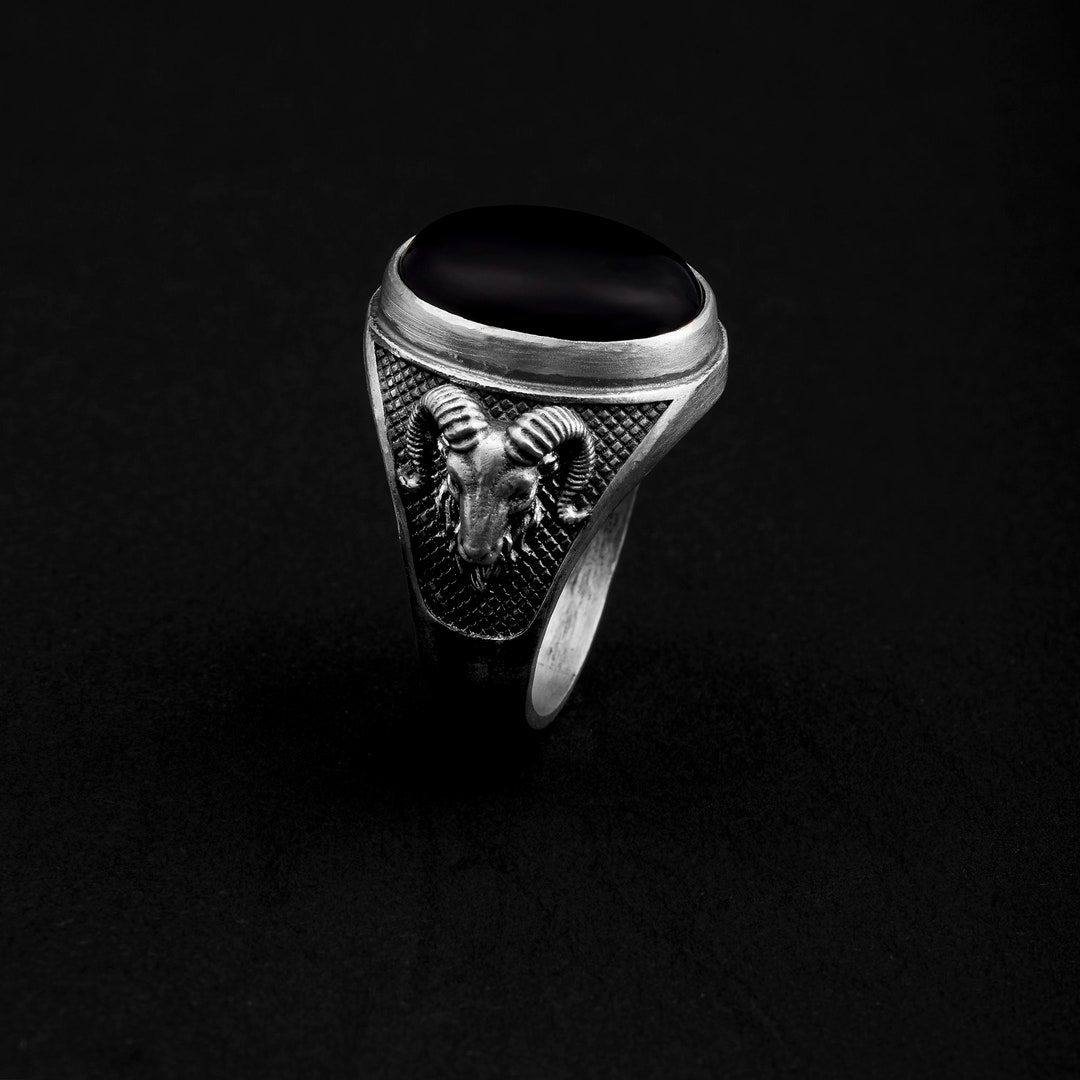 Onyx Aries Ram Head Ring, Black Onyx Sterling Silver Ring, Zodiac Aries ...