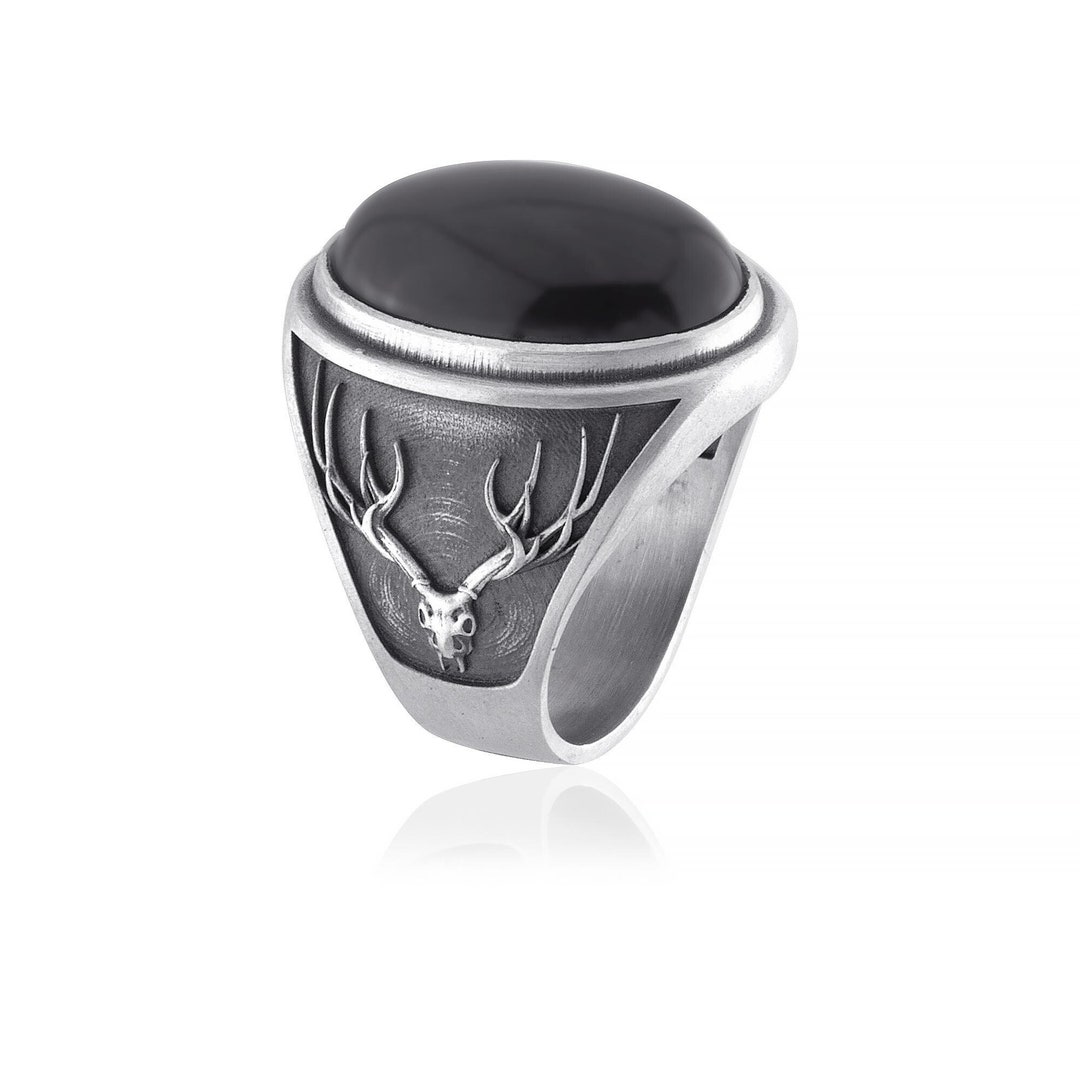 Deer Skull With Black Onyx Ring for Men in Sterling Silver, Black Stone ...