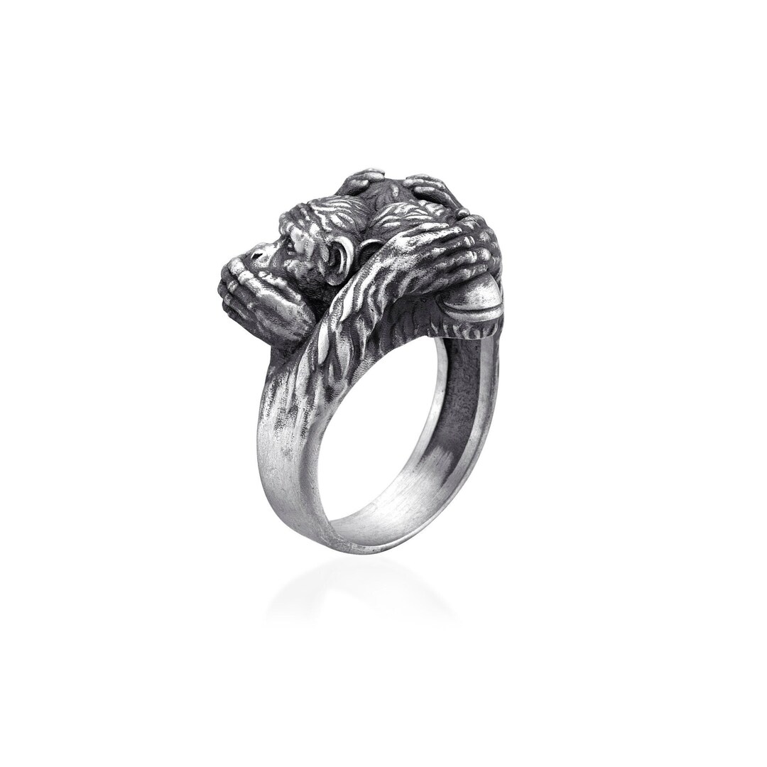 Three Monkey Handmade Sterling Silver Ring, Stackable Animal Ring ...