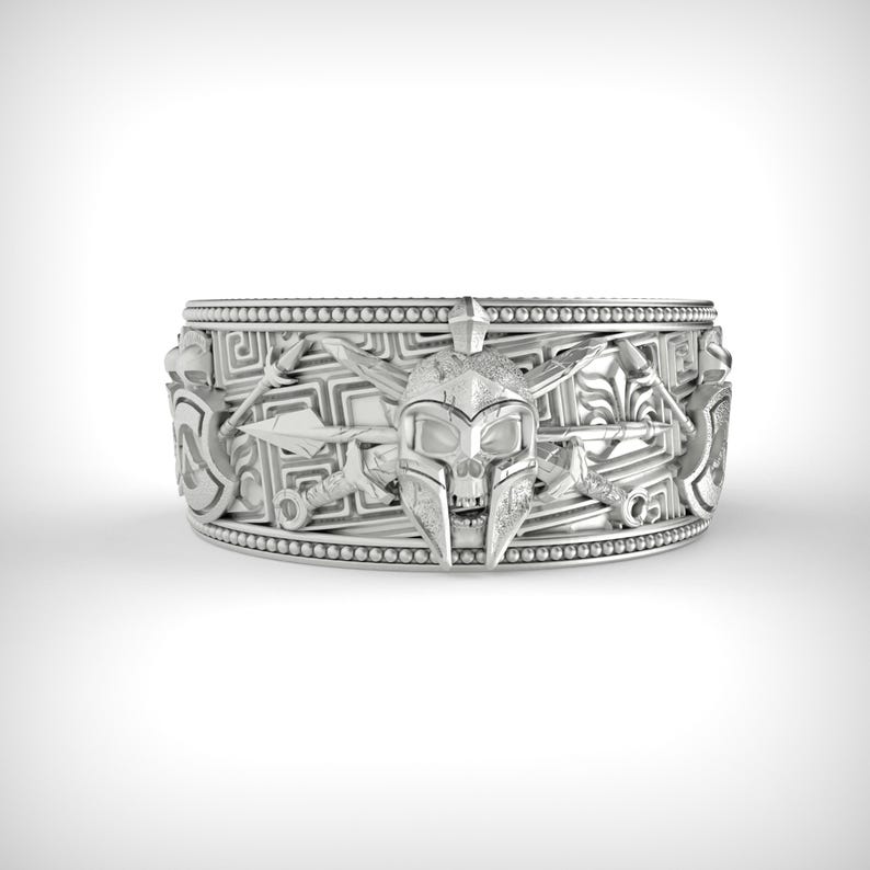 Ancient Warrior Helmet Ring With Spartan Symbols, Viking Style Silver ...