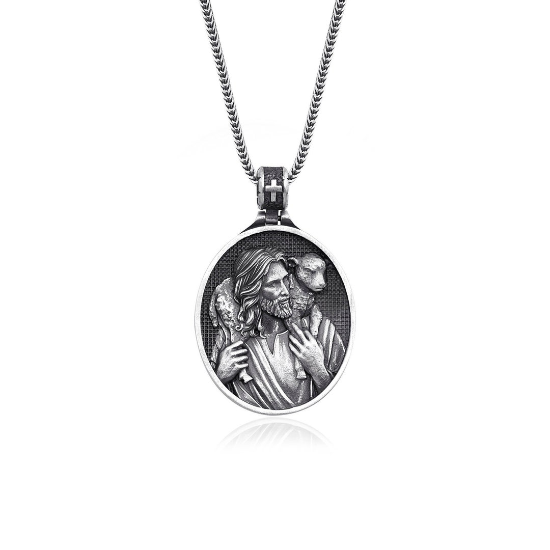Jesus Shepherd Men Silver Necklace, Christian Gifts, Catholic Jewelry ...
