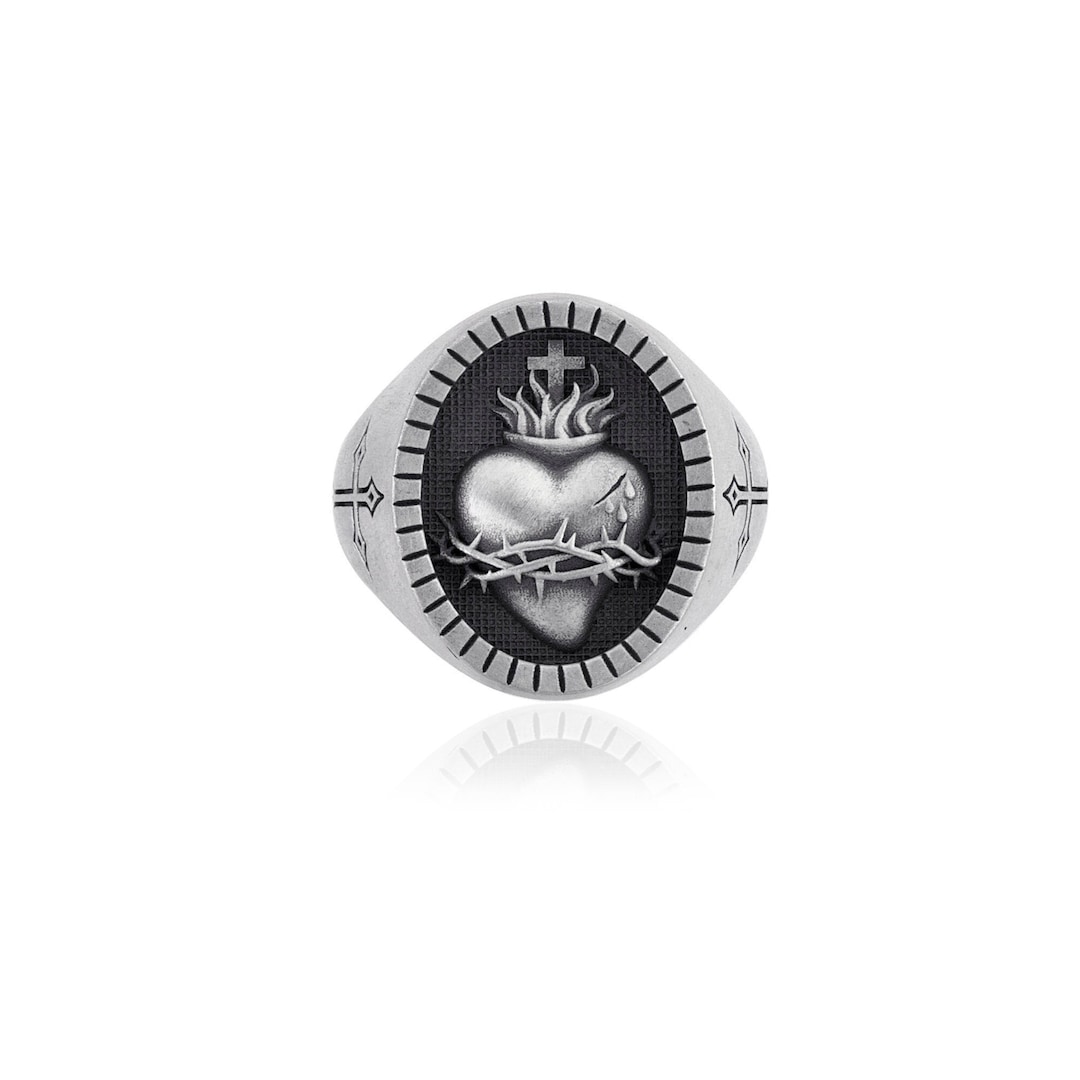 Sacred Heart Silver Ring, Christian Signet Ring, 925 Sterling Religious ...