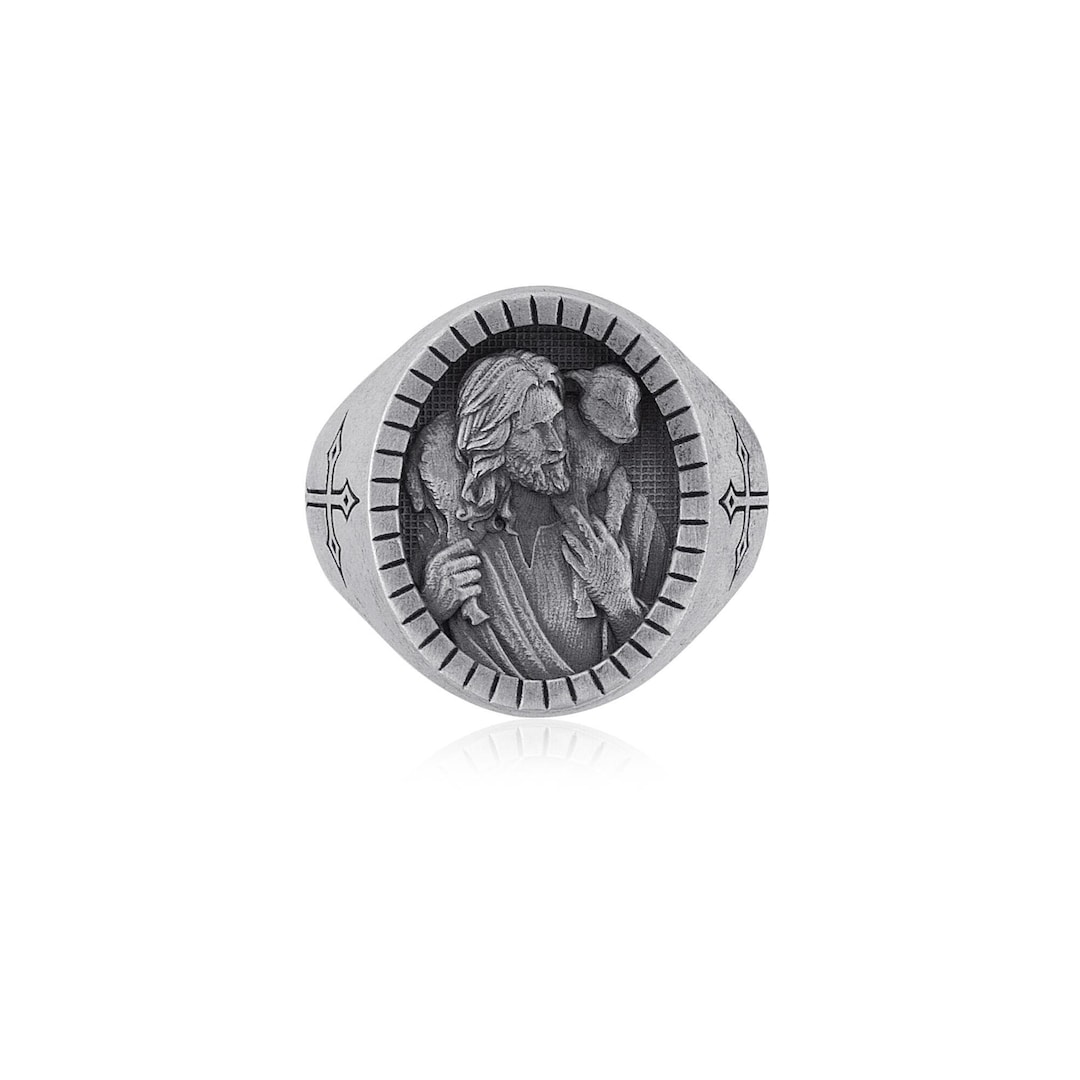 Jesus the Good Shepherd Signet Rings, Silver Christian Ring, Men ...