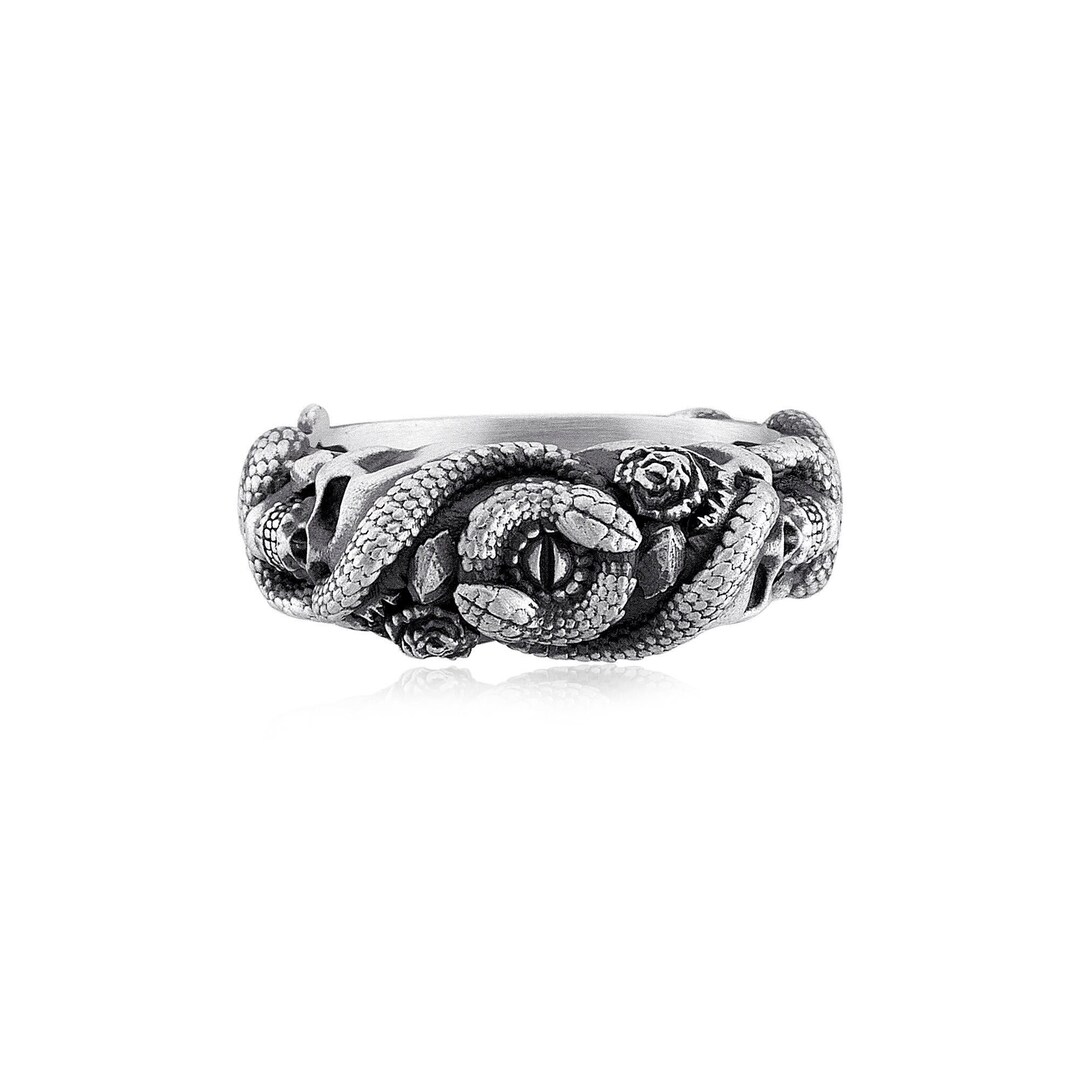 Snake and Roses Silver Skull Wedding Ring, Roses Viper Serpent Design ...