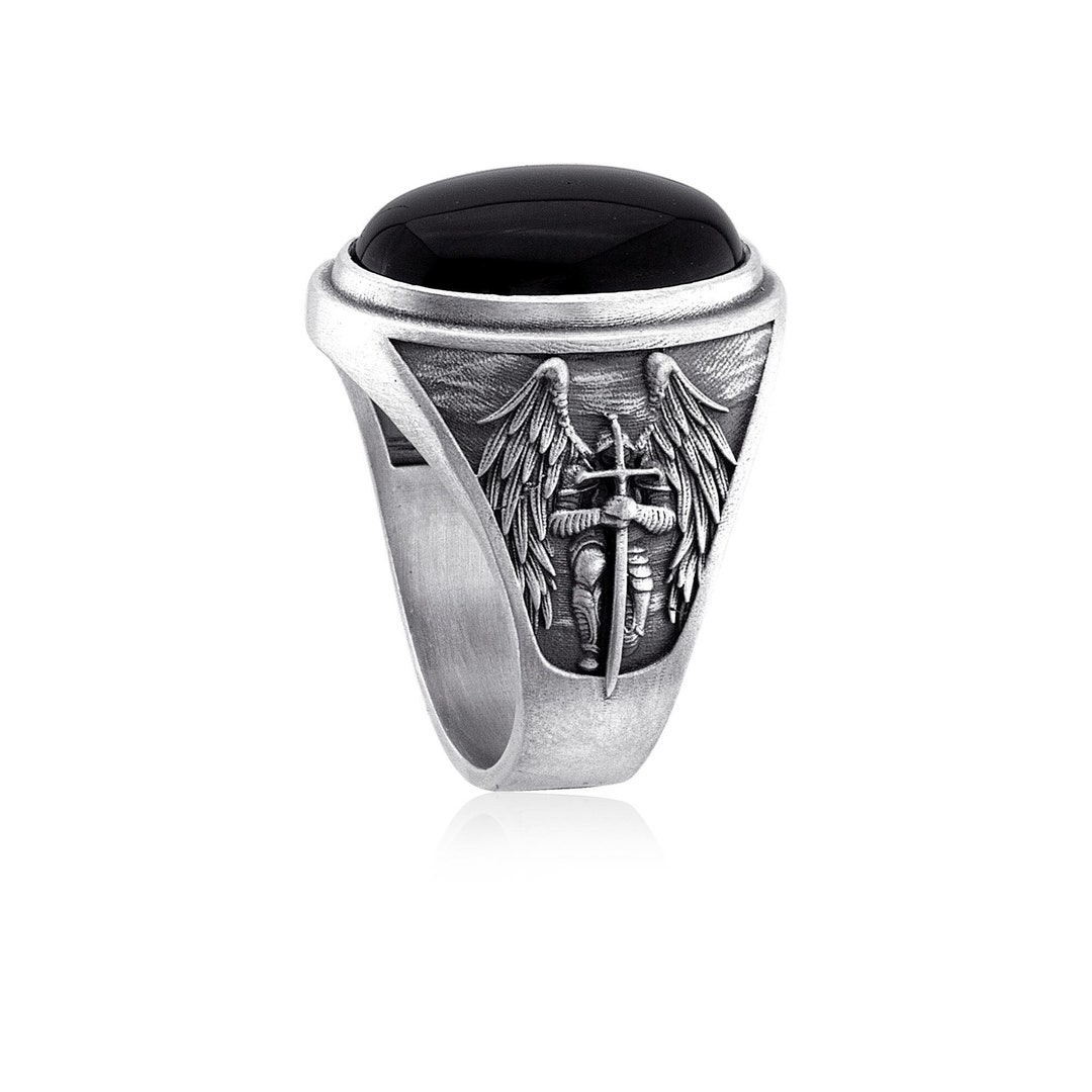 Black Onyx Saint Michael the Archangel Ring, Black Gemstone Signet ...