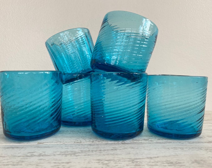 Set Of 6 Small Sapphire Blue Glass Tumblerslowballrocks Glasses Six Swirl Pattern Aqua Glass