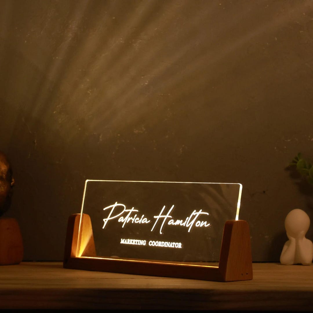 Desk Name Plate: LED Lighted, Wooden Base - Custom Office Sign - Etsy