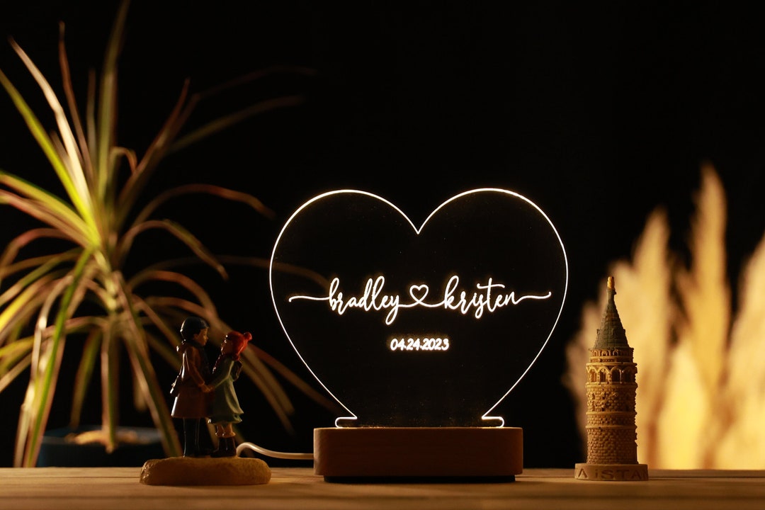 Name and Date Night Light - Personalized Love Heart Led Lamp - Custom ...