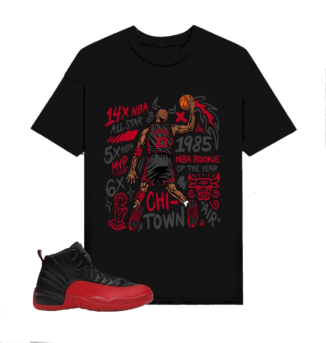 Jordan 12 Flu Game Sneaker Tees Black MJ Slam Dunk, Sneakerhead T Shirt ...