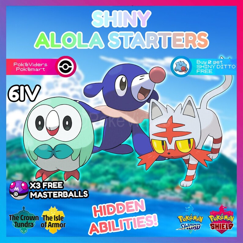 Pokemon Sword And Shield Alola Starters Shiny Rowlet Popplio Etsy