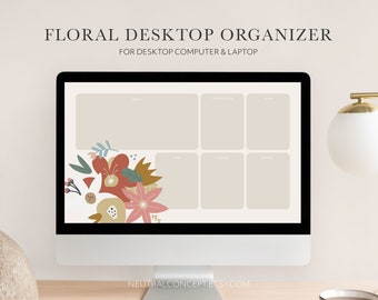Floral Desktop Organizer | Neutral Flowers Laptop Background (instant ...