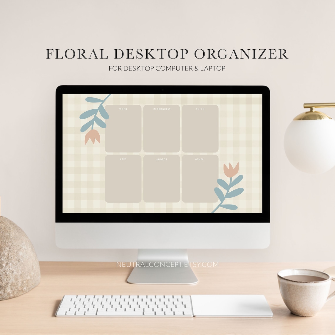 Floral Desktop Organizer | Neutral Flowers Laptop Background (instant ...