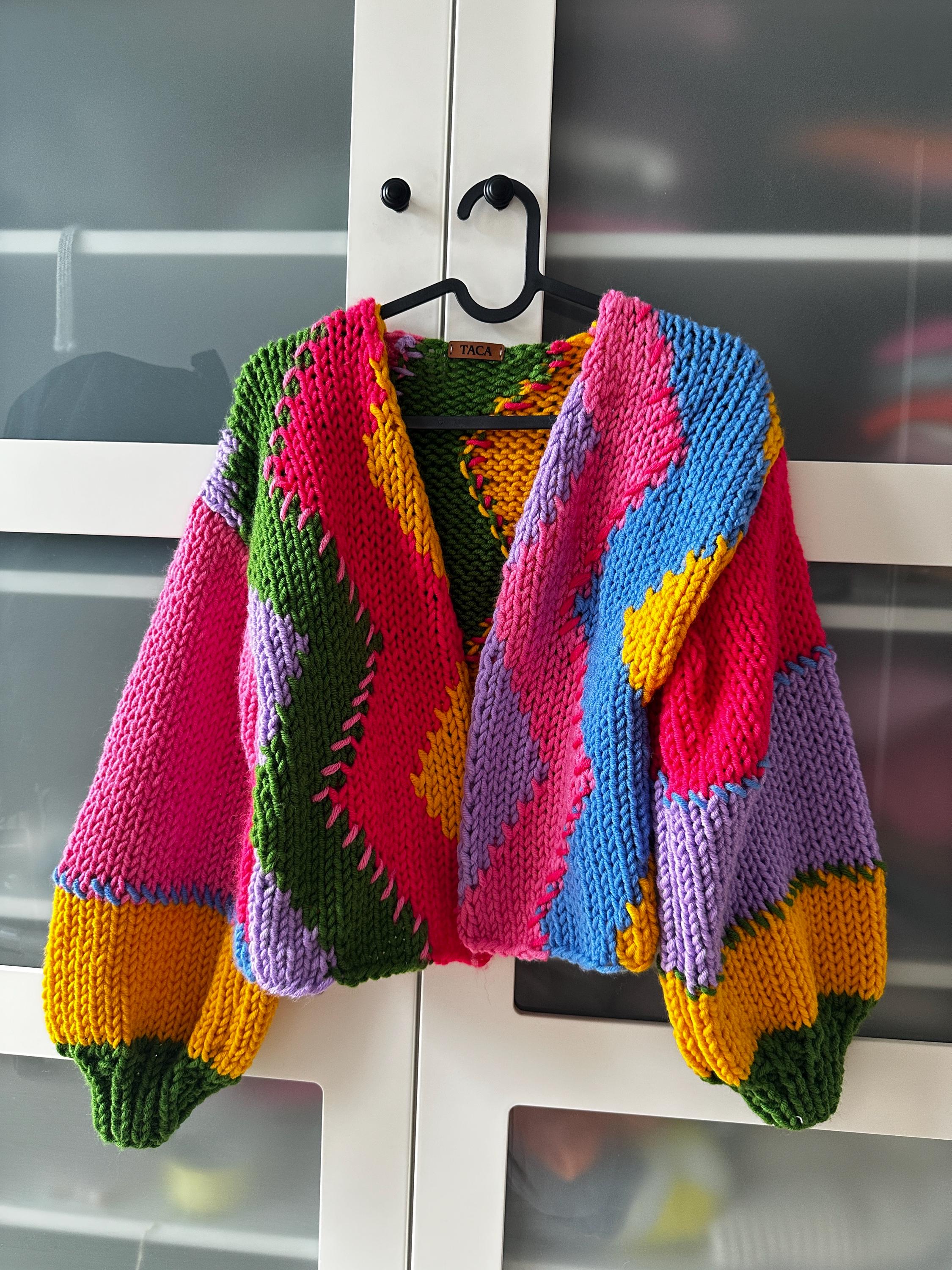 Chunky Knit Cardigan: Colorful Zigzag Design,handmade Cozy Colorblock ...