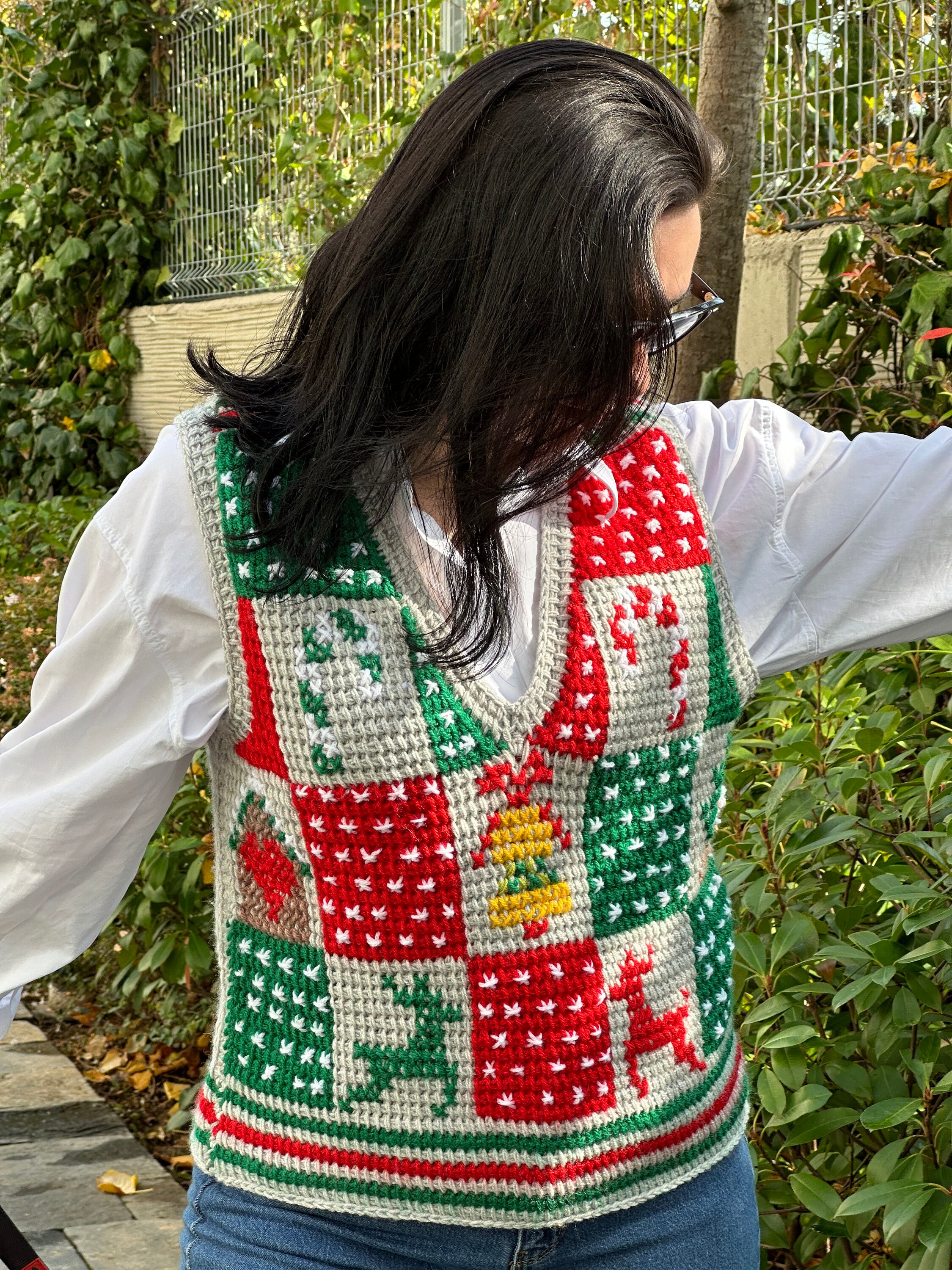 Tunisian Crochet Christmas Vest: Hand Knit Patchwork Pullover - Etsy