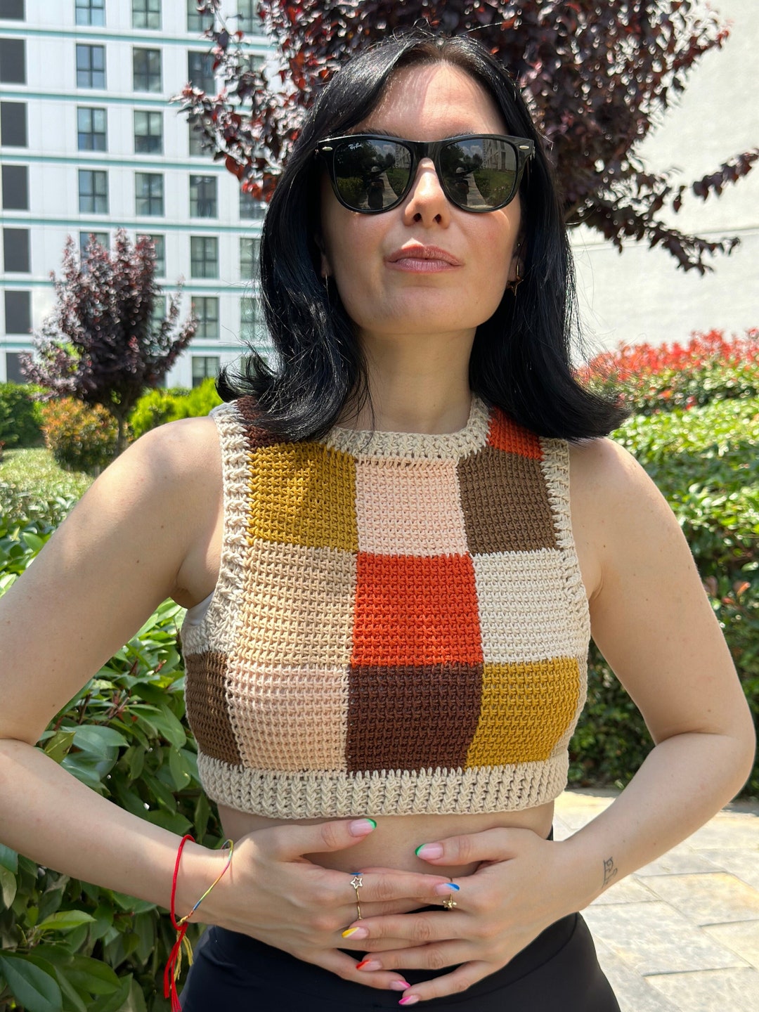 Woman Tunisian Crochet Patchwork Colorful Crop-top, Handmade With ...