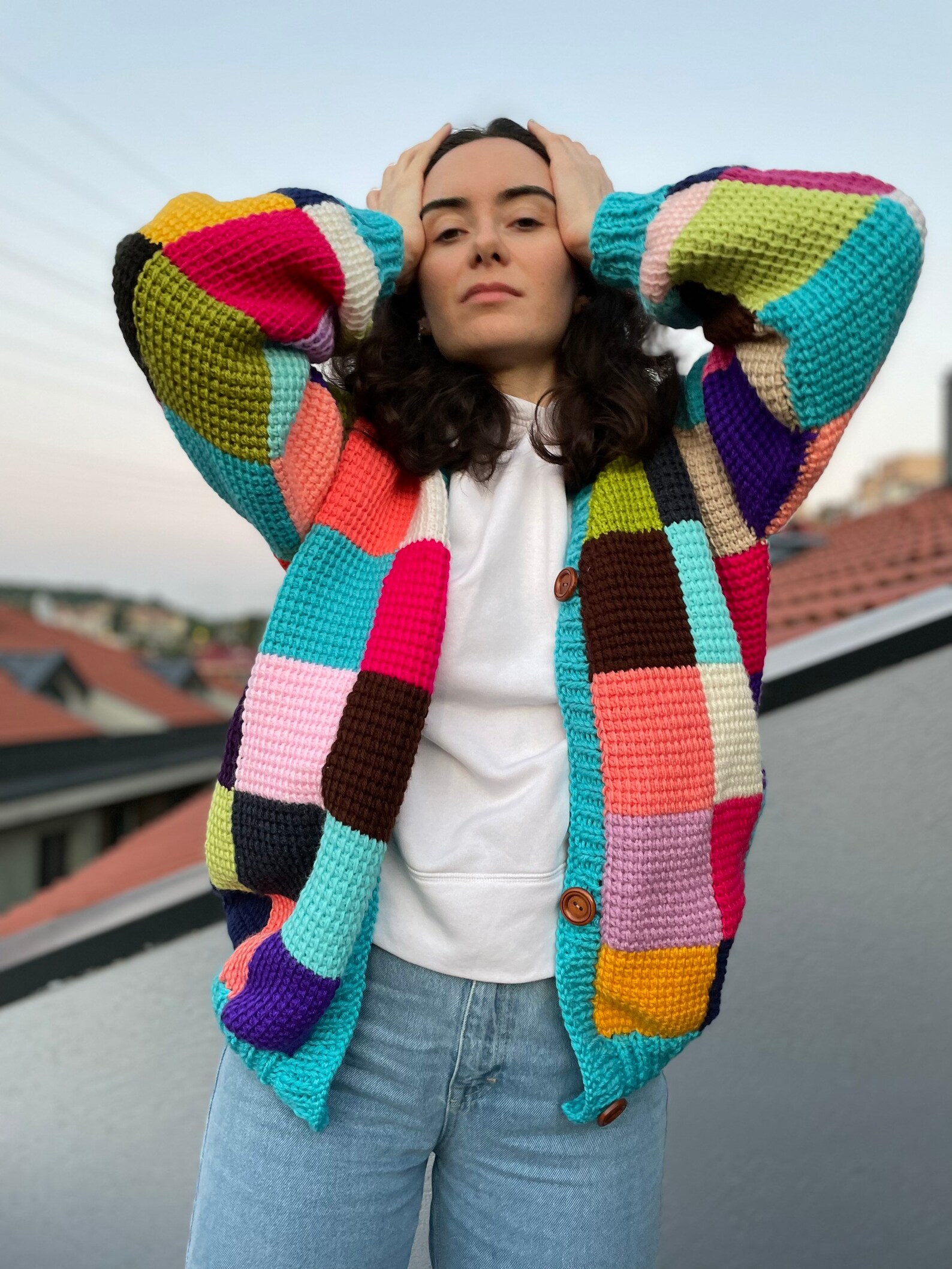 Patchwork Knitted Cardigan,square Oversized Crochet Sweater,tunisian ...