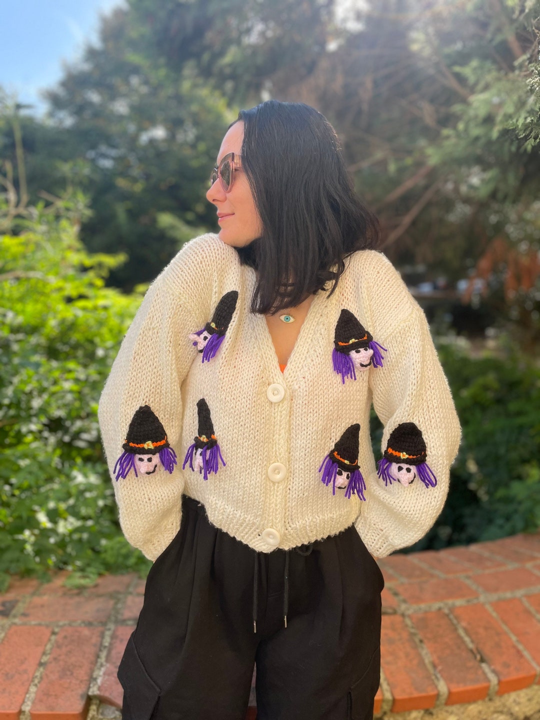 Embroidered Witches Chunky Knit Cardigan, Cream Halloween Sweater, Cozy ...