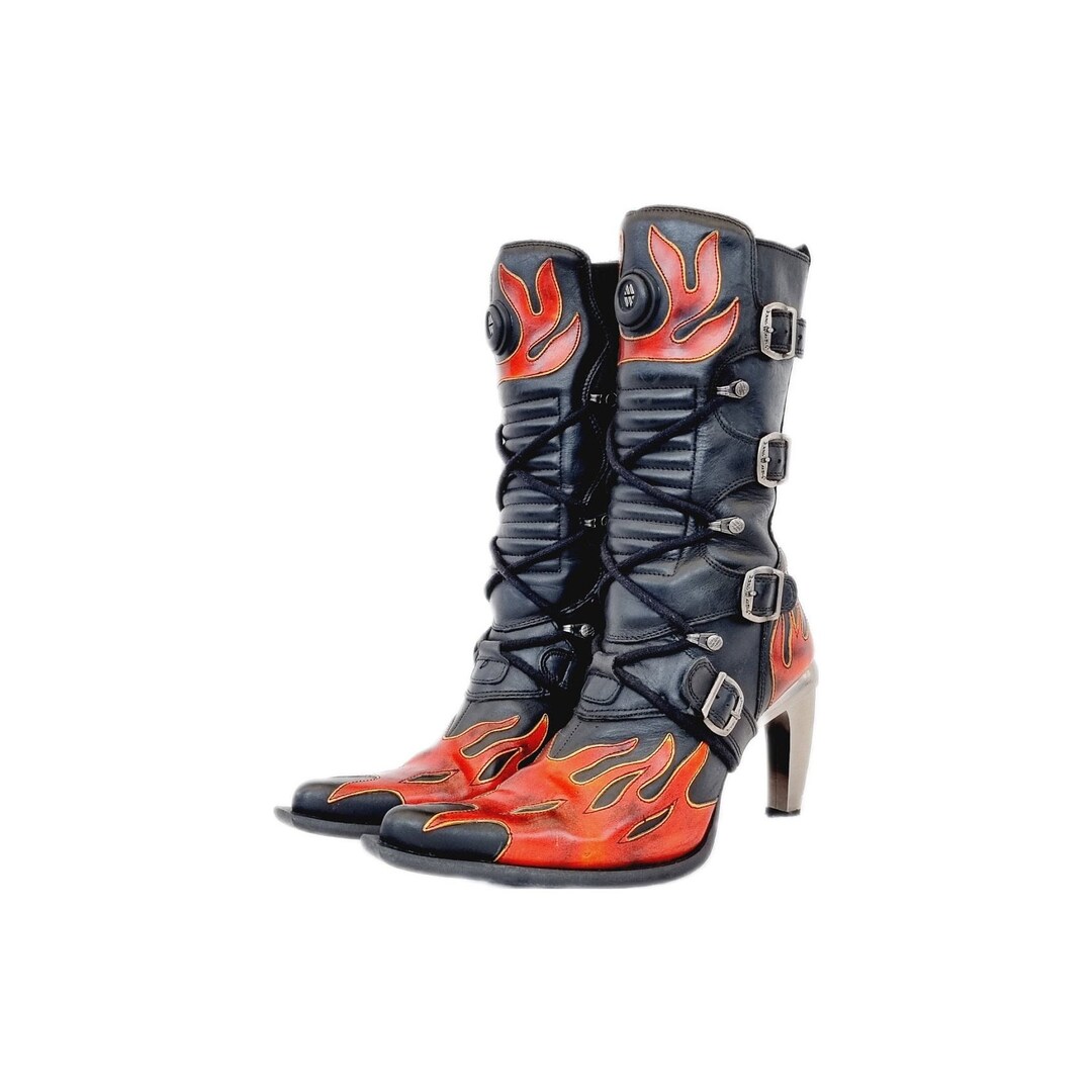 EU 38 / UK 5 Flame Fire Design Leather Black and Red New Rock Stiletto ...
